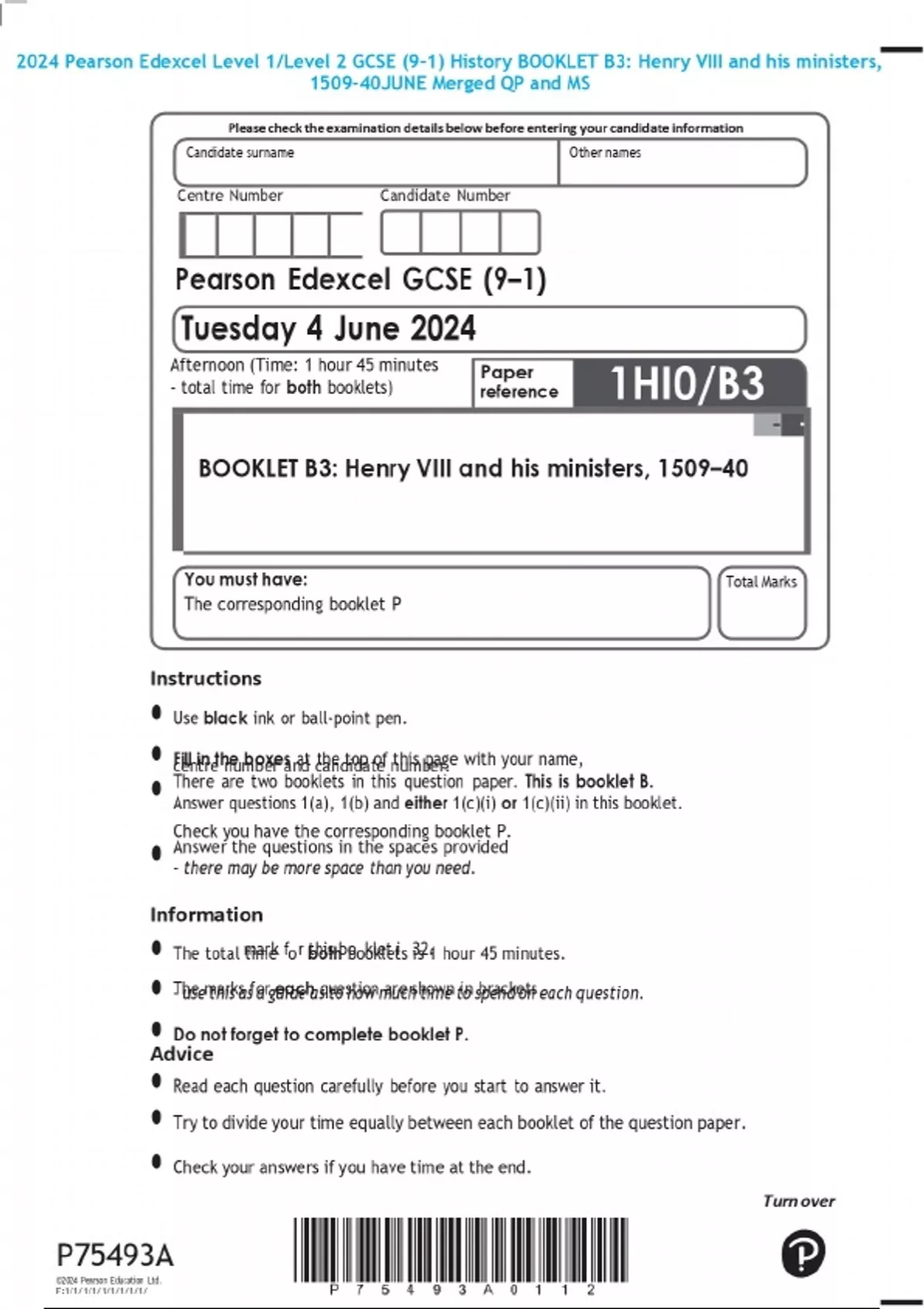2024 Pearson Edexcel Level 1/Level 2 GCSE (9–1) History BOOKLET B3 ...