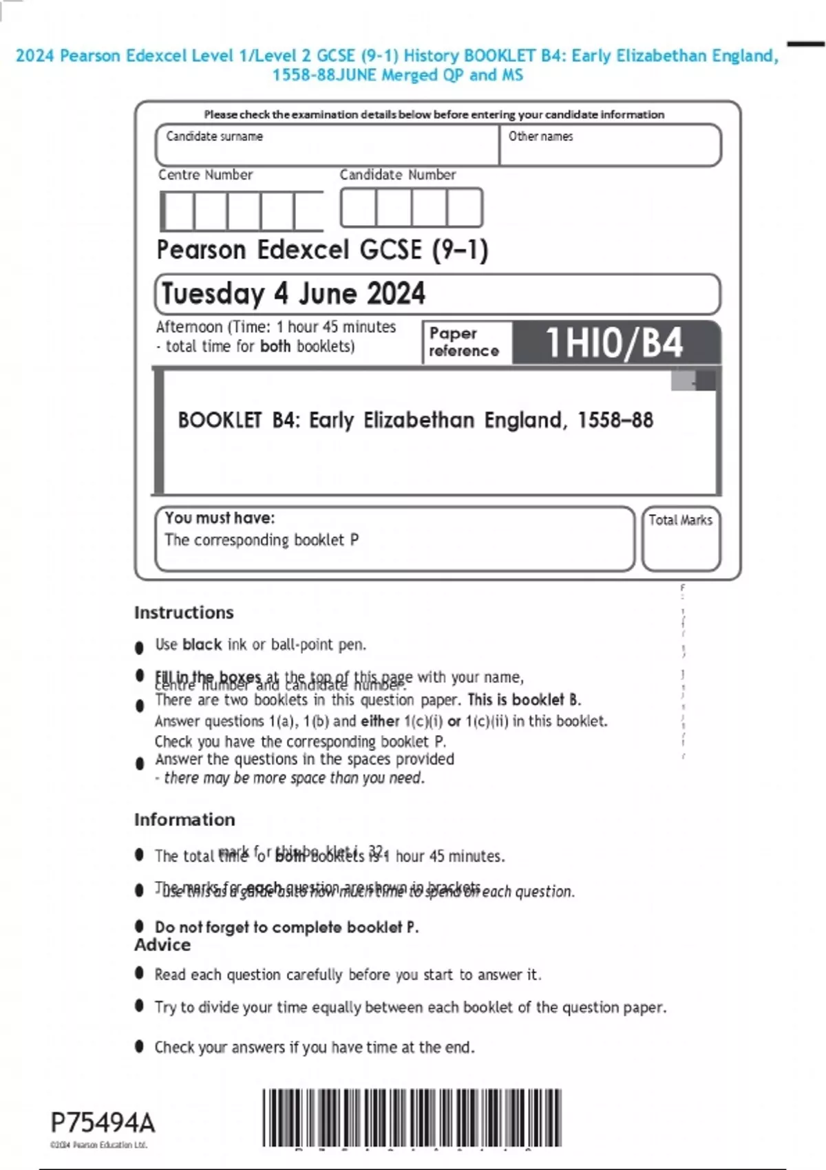 2024 Pearson Edexcel Level 1/Level 2 GCSE (9–1) History BOOKLET B4 ...