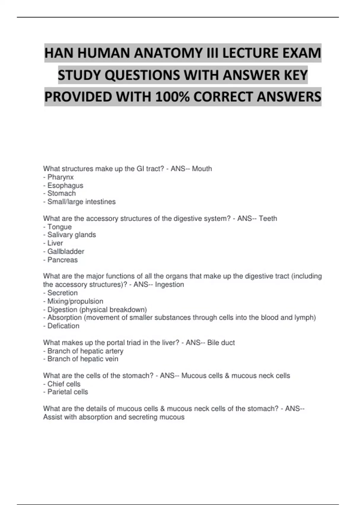 HAN HUMAN ANATOMY III LECTURE EXAM STUDY QUESTIONS WITH ANSWER KEY ...
