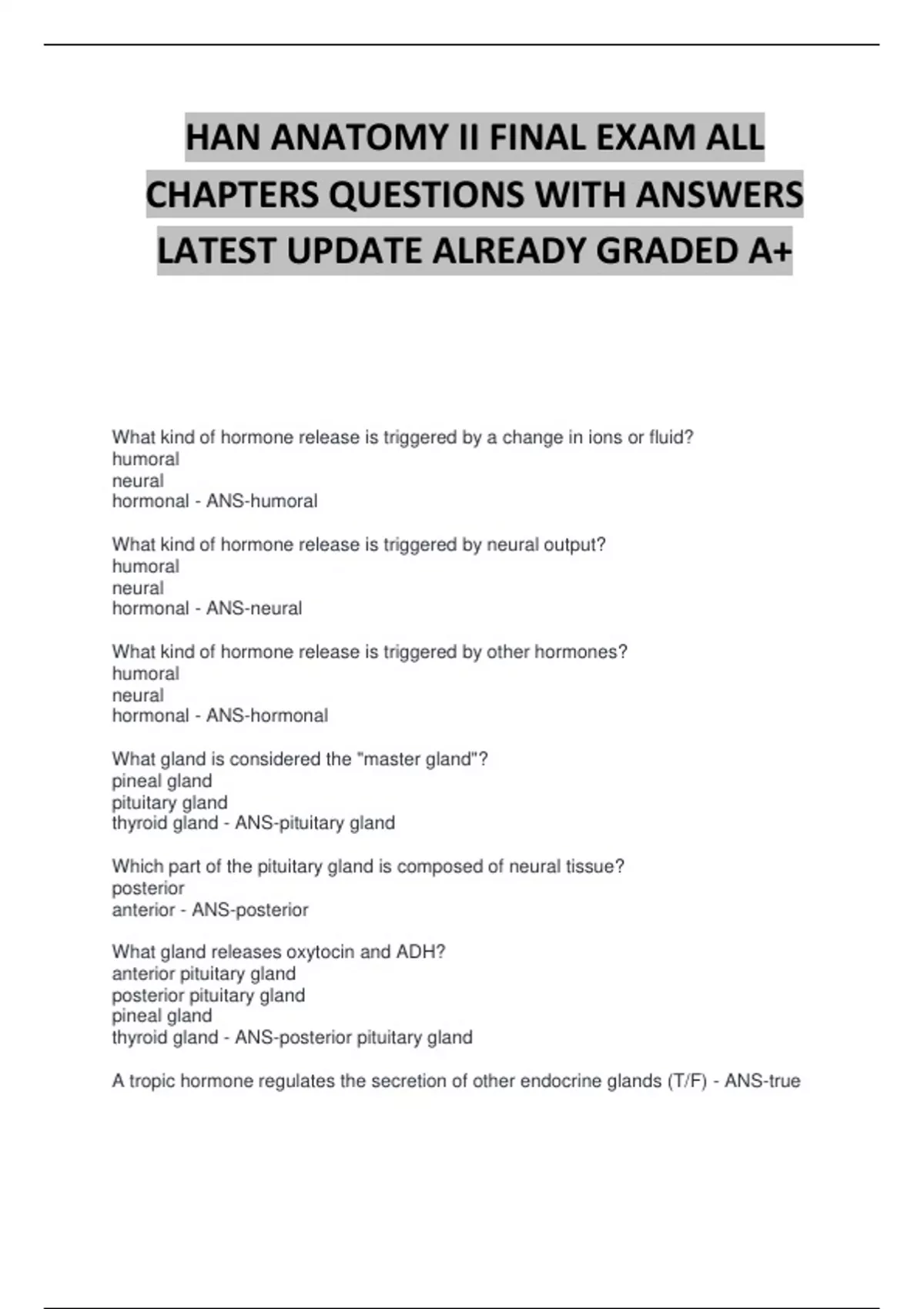HAN ANATOMY II FINAL EXAM ALL CHAPTERS QUESTIONS WITH ANSWERS LATEST ...