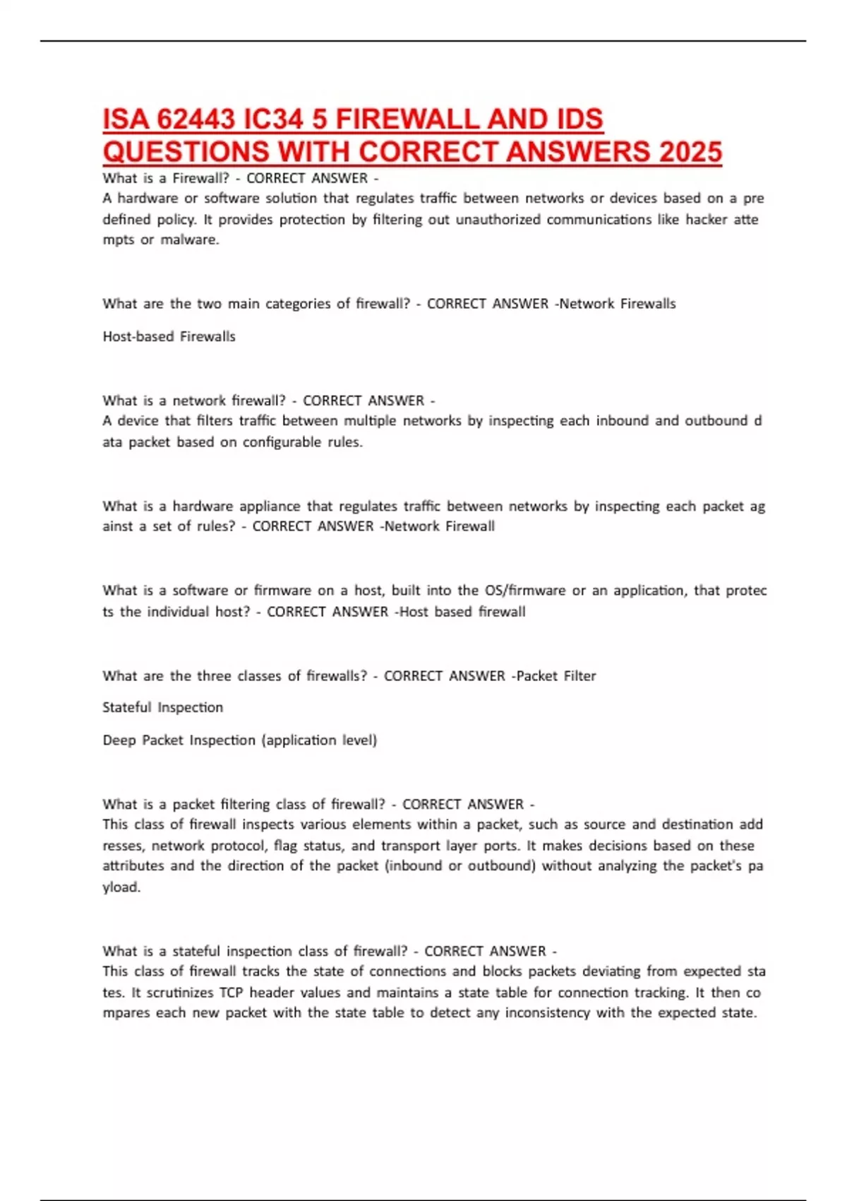 ISA 62443 IC34 5 FIREWALL AND IDS QUESTIONS WITH CORRECT ANSWERS 2025 ...