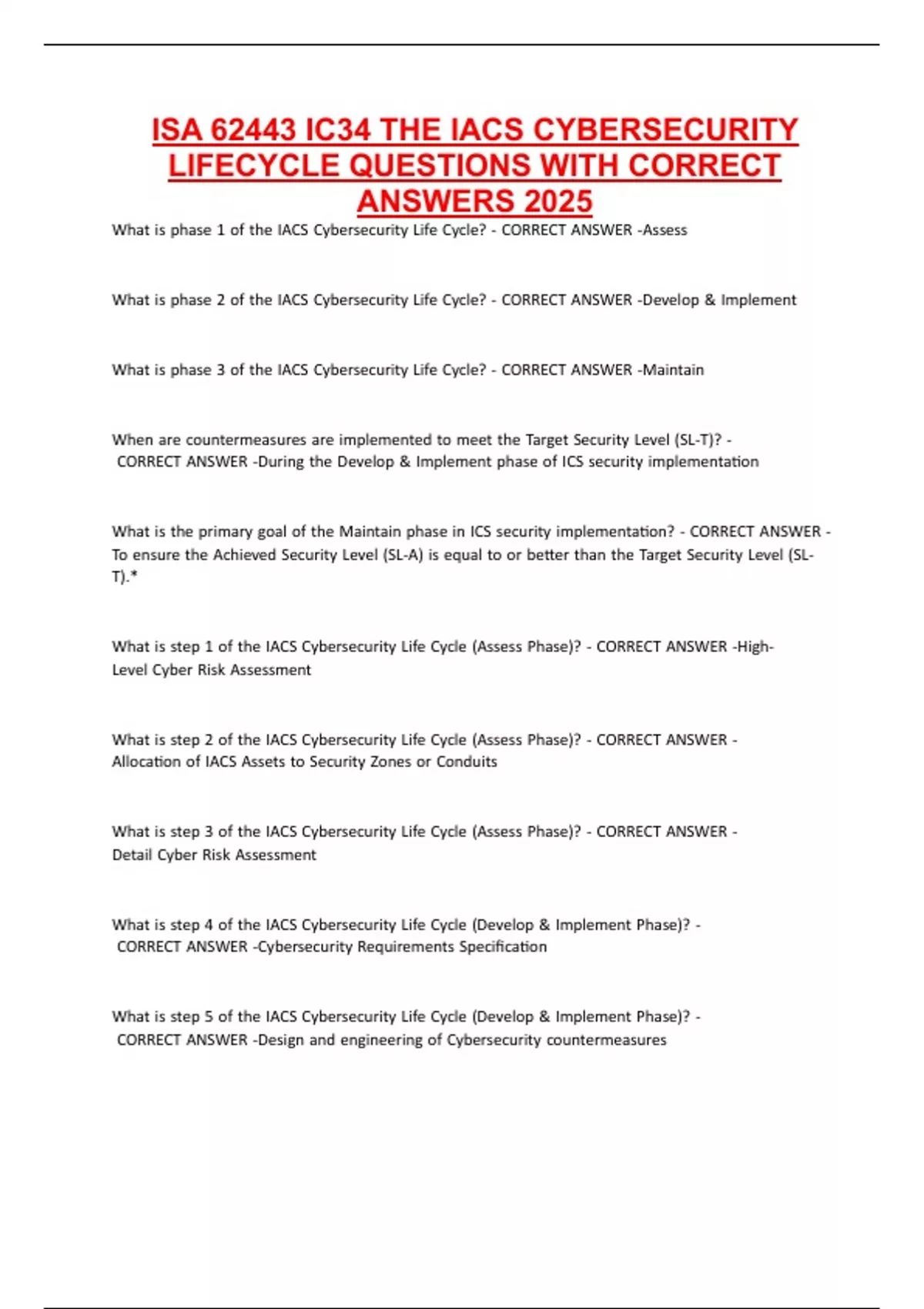 ISA 62443 IC34 THE IACS CYBERSECURITY LIFECYCLE QUESTIONS WITH CORRECT ...