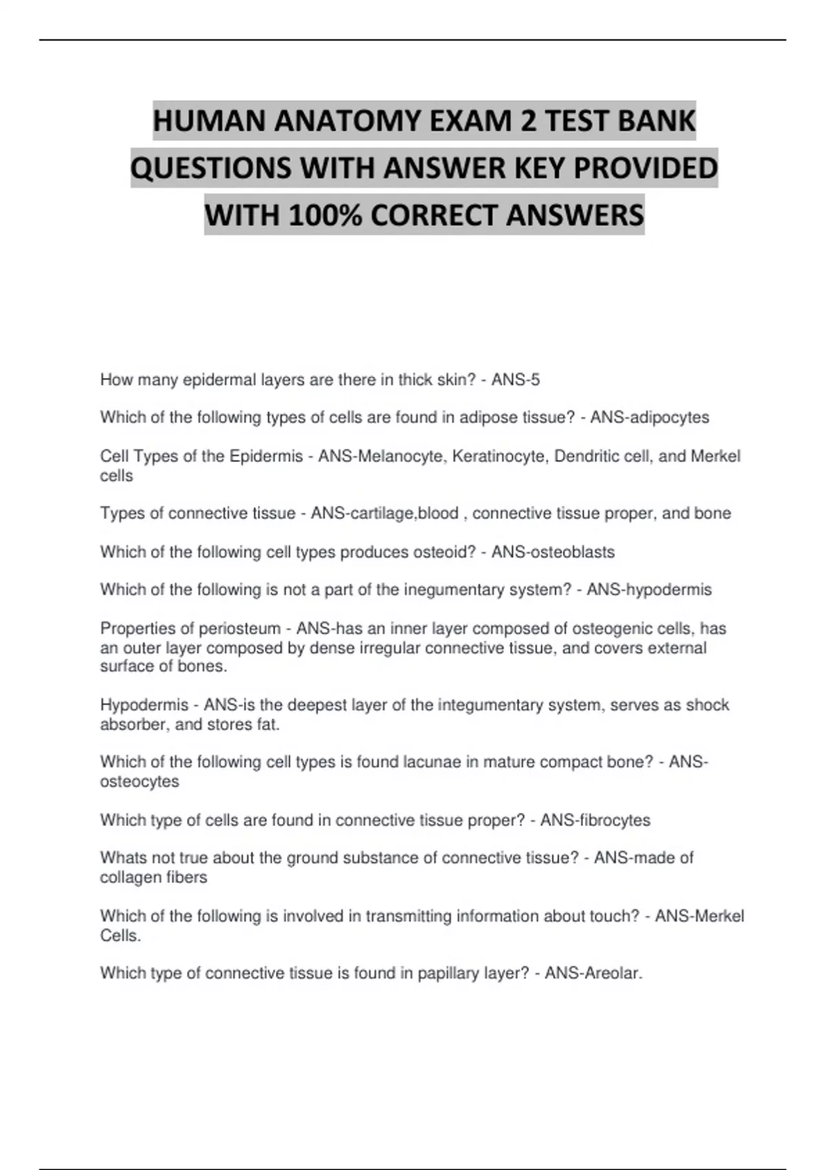 HUMAN ANATOMY II EXAM 2 TEST BANK QUESTIONS WITH ANSWER KEY PROVIDED ...