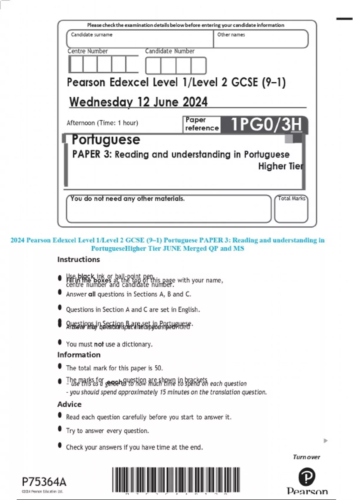 2024 Pearson Edexcel Level 1/Level 2 GCSE (9–1) Portuguese PAPER 3: Reading and understanding in ...