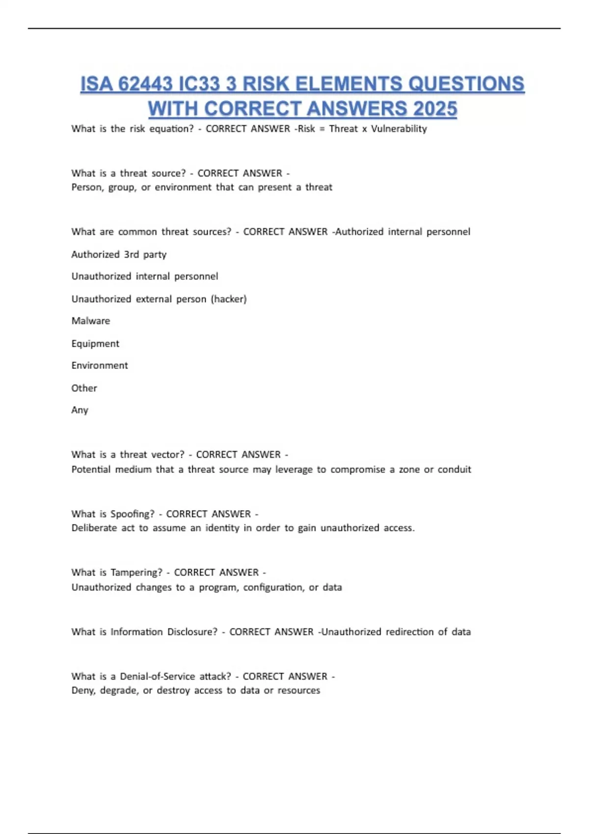 ISA 62443 IC33 3 RISK ELEMENTS QUESTIONS WITH CORRECT ANSWERS 2025 ...
