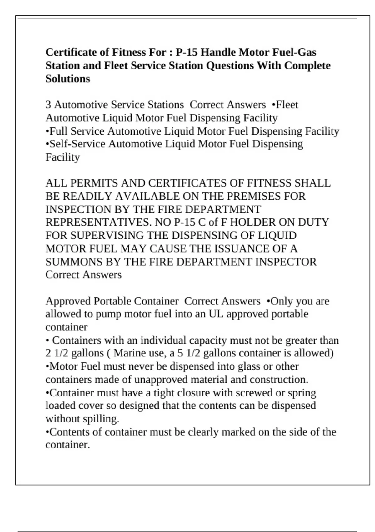 Certificate of Fitness For : P-15 Handle Motor Fuel-Gas Station and ...