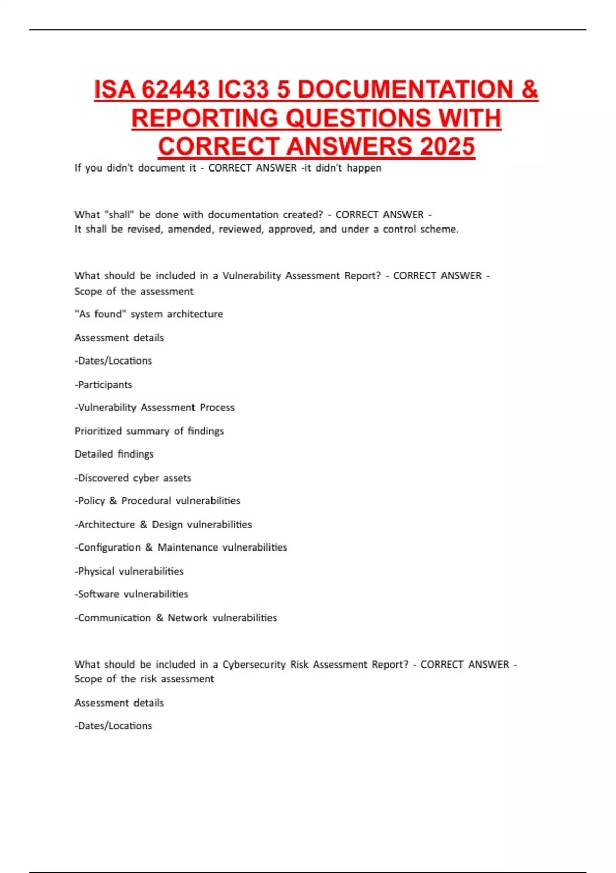 ISA 62443 IC33 5 DOCUMENTATION & REPORTING QUESTIONS WITH CORRECT ...