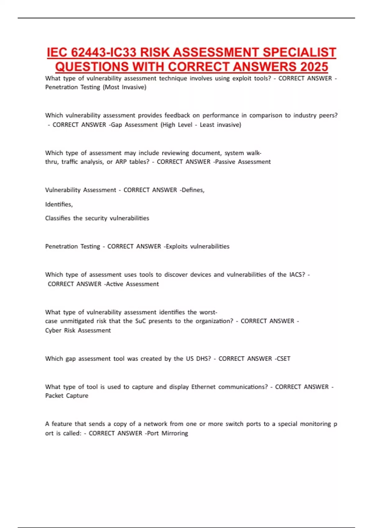 IEC 62443-IC33 RISK ASSESSMENT SPECIALIST QUESTIONS WITH CORRECT ...