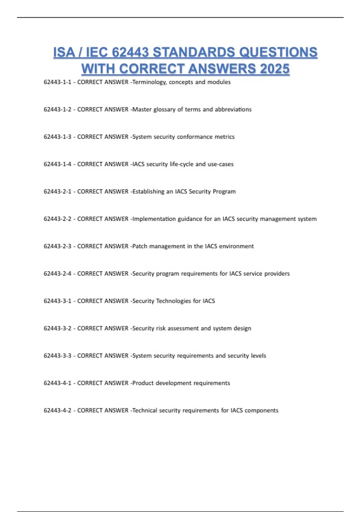 ISA/IEC 62443 STANDARDS QUESTIONS WITH CORRECT ANSWERS 2025 - IEC 62443 ...