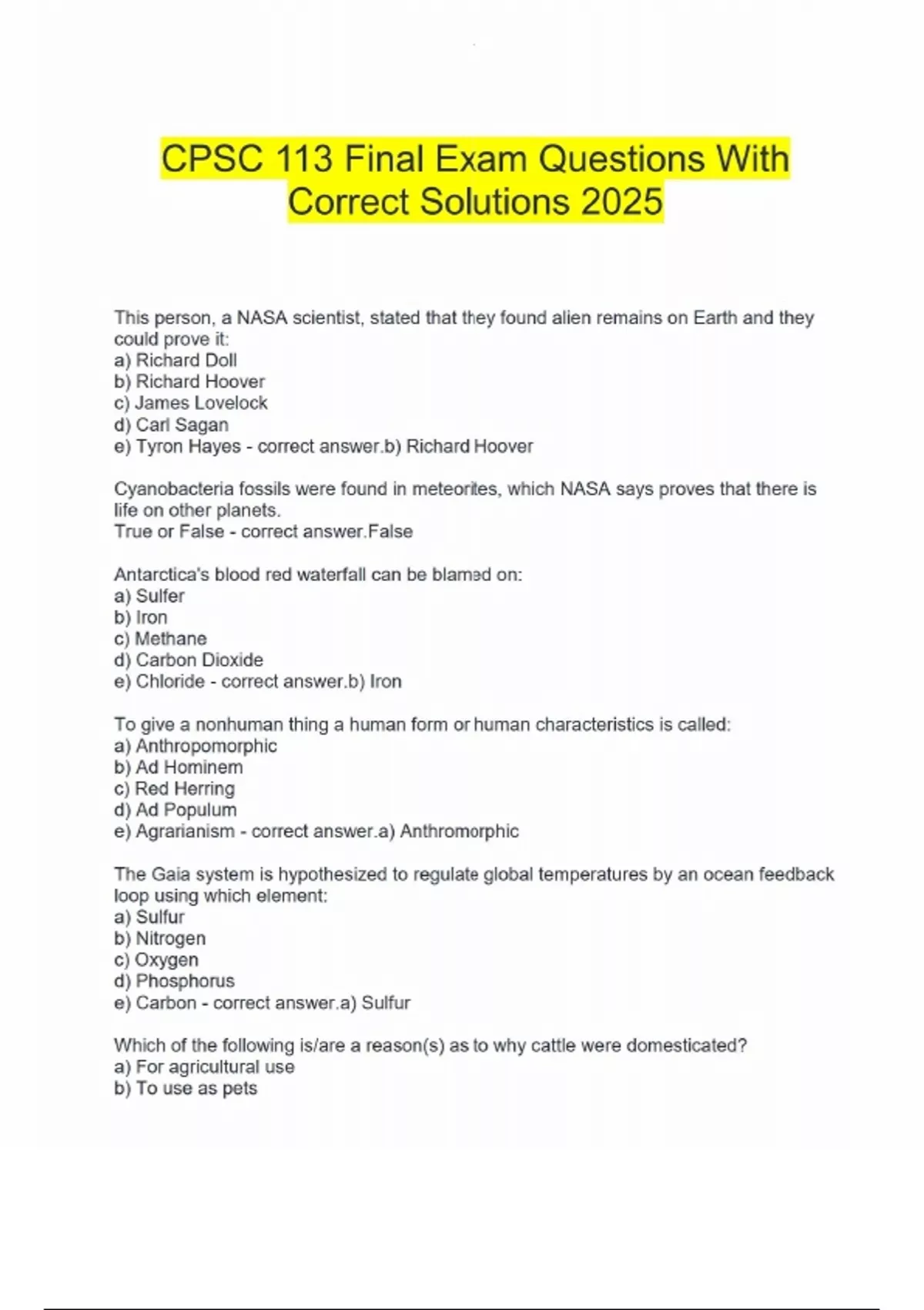 CPSC 113 Final Exam Questions With Correct Solutions 2025 - CPSC 113 - Stuvia US