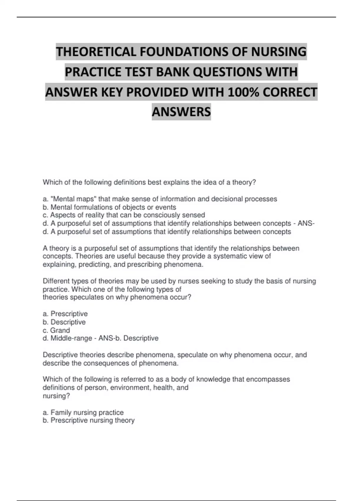 THEORETICAL FOUNDATIONS OF NURSING PRACTICE TEST BANK QUESTIONS WITH ...
