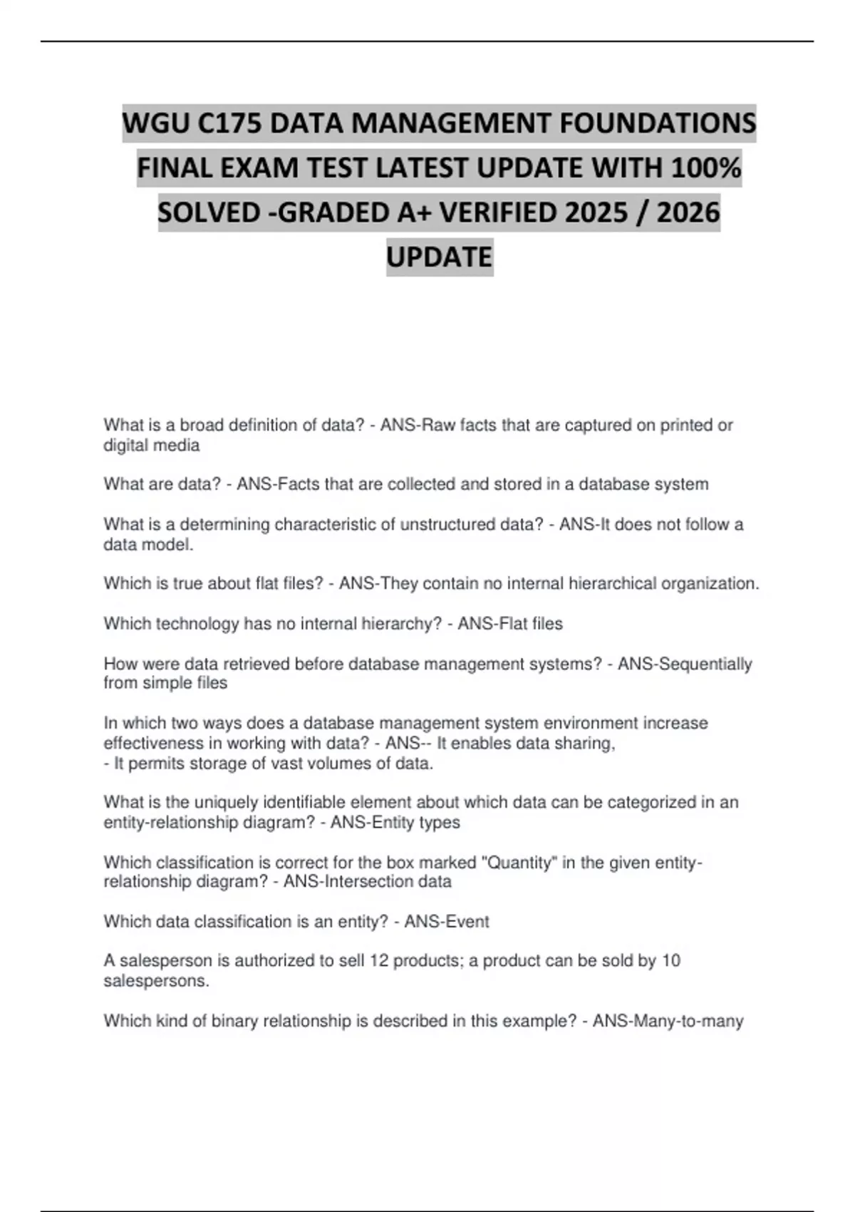 WGU C175 DATA MANAGEMENT FOUNDATIONS FINAL EXAM TEST LATEST UPDATE WITH ...