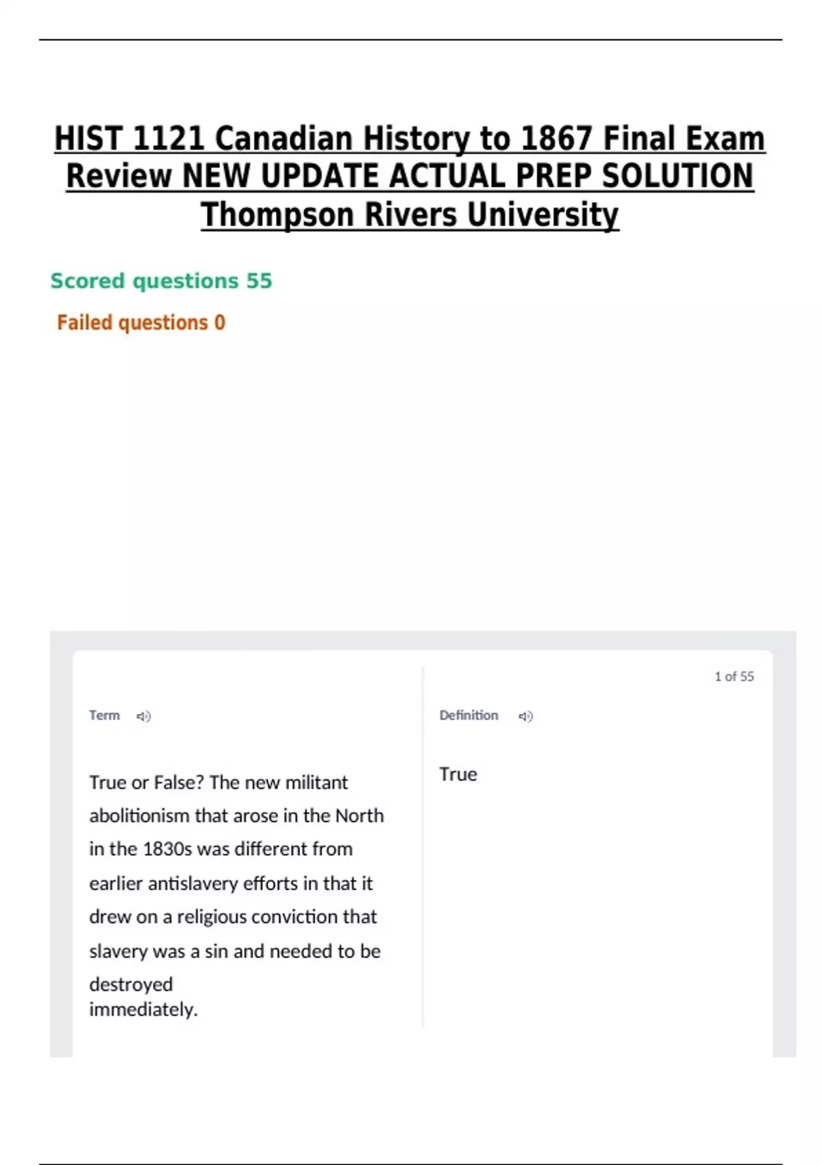 HIST 1121 Canadian History to 1867 Final Exam Review NEW UPDATE ACTUAL ...
