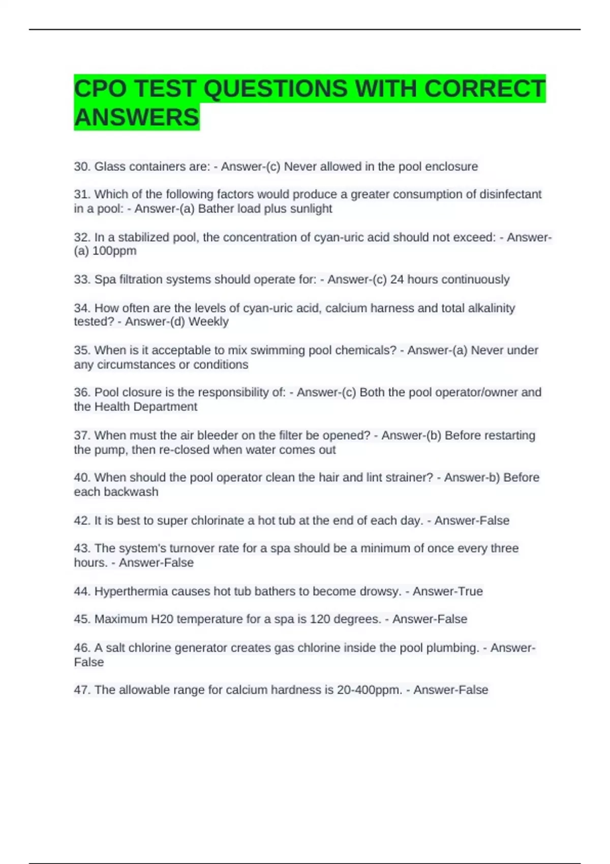 CPO TEST QUESTIONS WITH CORRECT ANSWERS - Pool operator - Stuvia US
