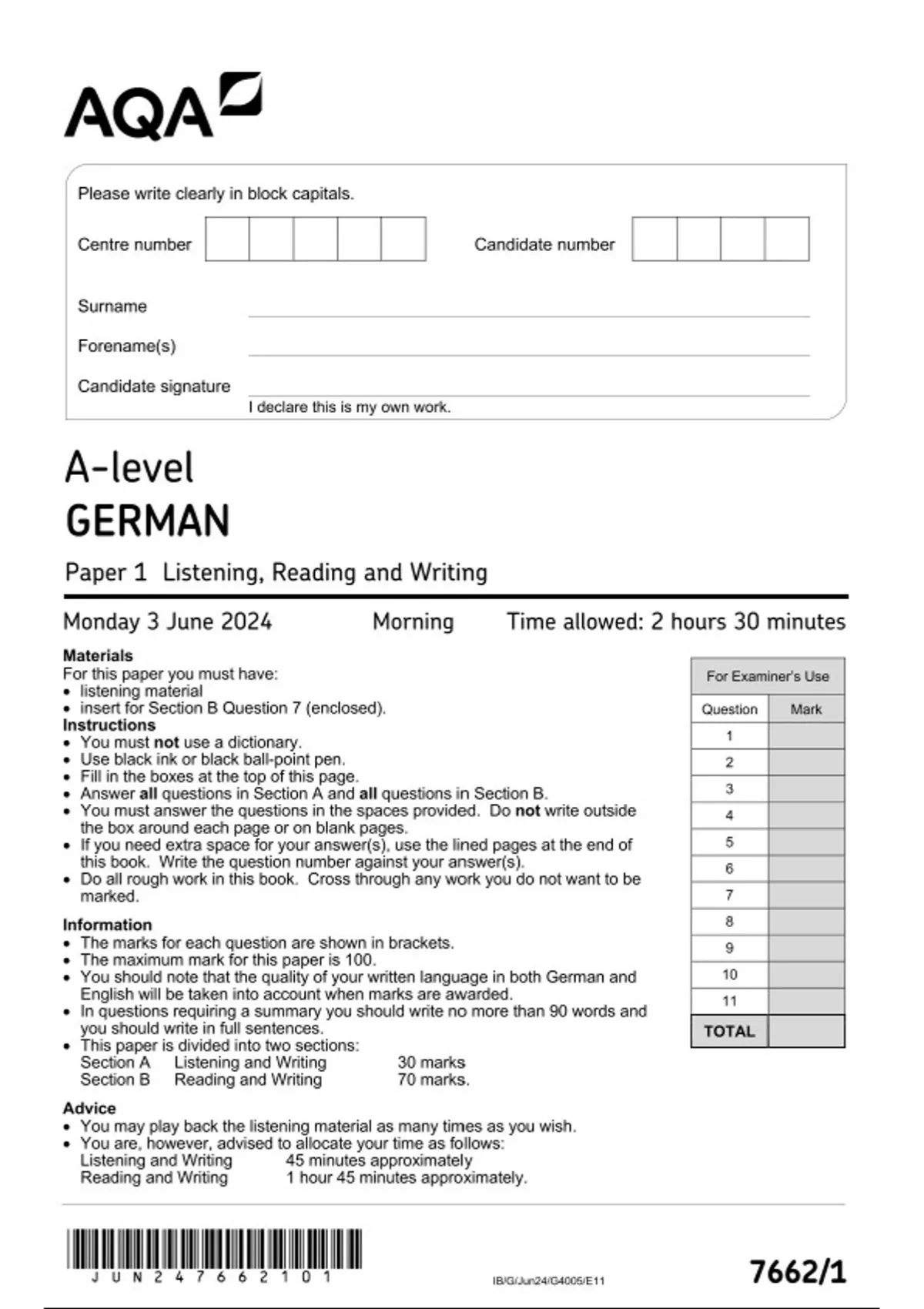 AQA A-level GERMAN Paper 1 JUNE 2024 QUESTION PAPER: Listening, Reading ...