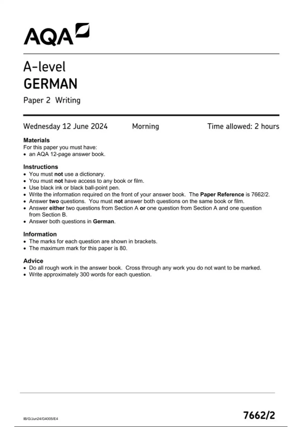 AQA A-level GERMAN Paper 2 JUNE 2024 QUESTION PAPER: Writing - A-level ...
