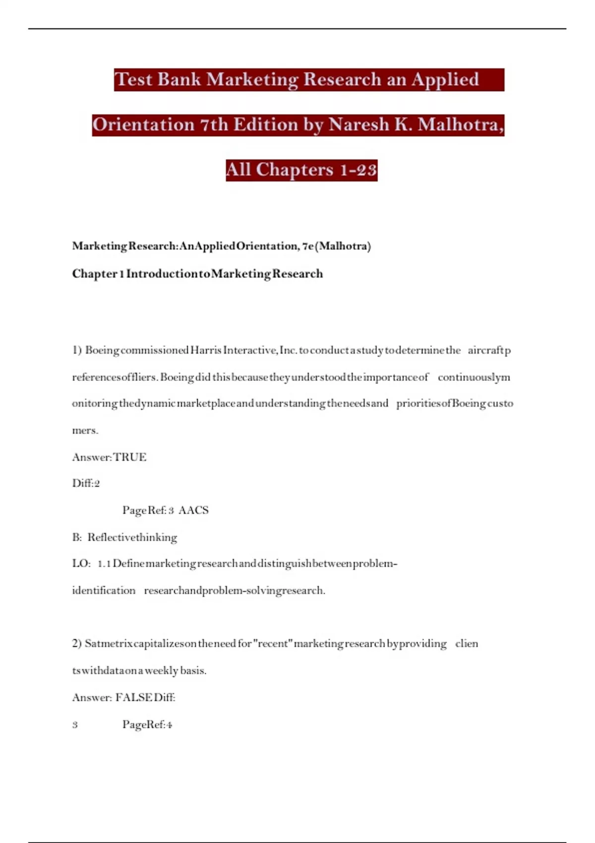 Test Bank Marketing Research An Applied Orientation 7th Edition by ...