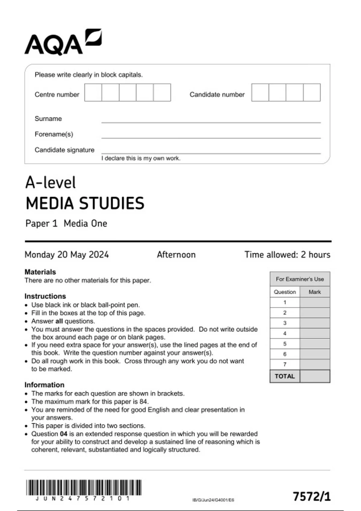 AQA A-level MEDIA STUDIES Paper 1 JUNE 2024 QUESTION PAPER: Media One ...