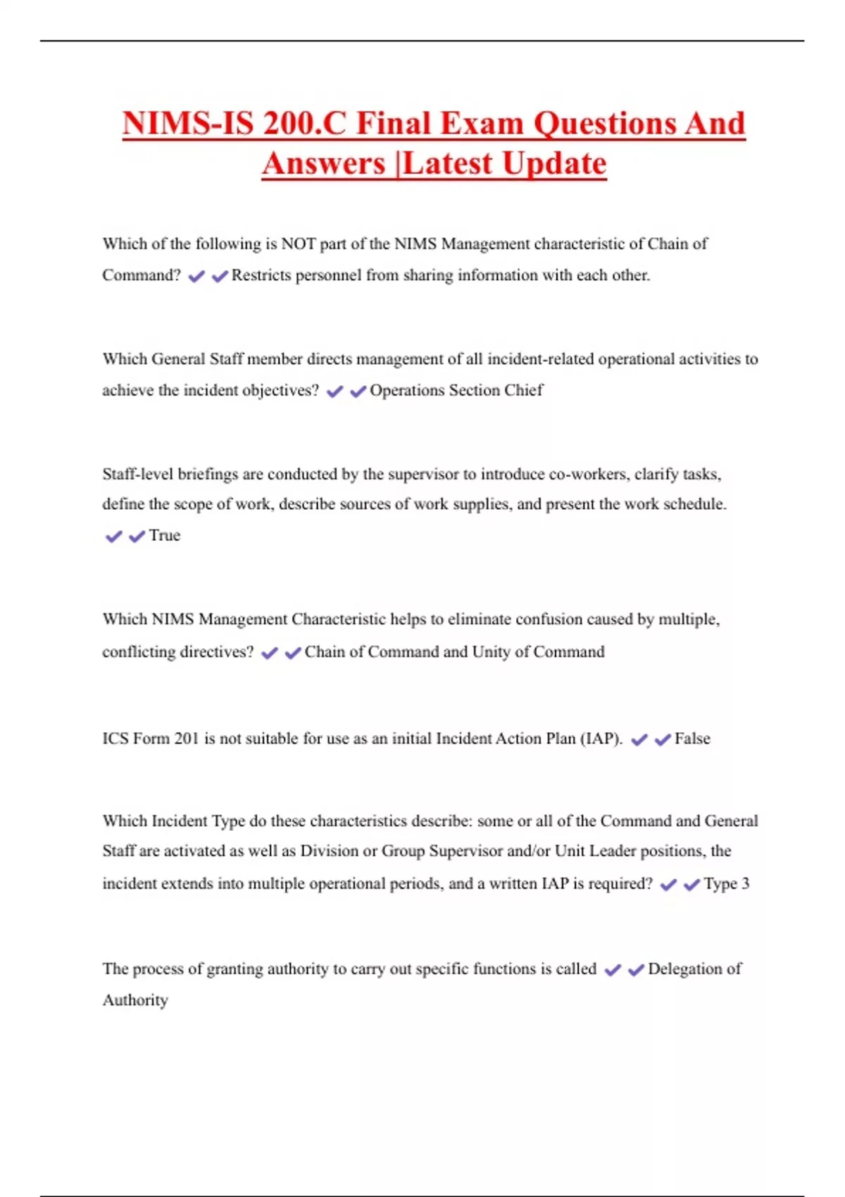 NIMS-IS 200.C Final Exam Questions And Answers |Latest Update - NIMS ...