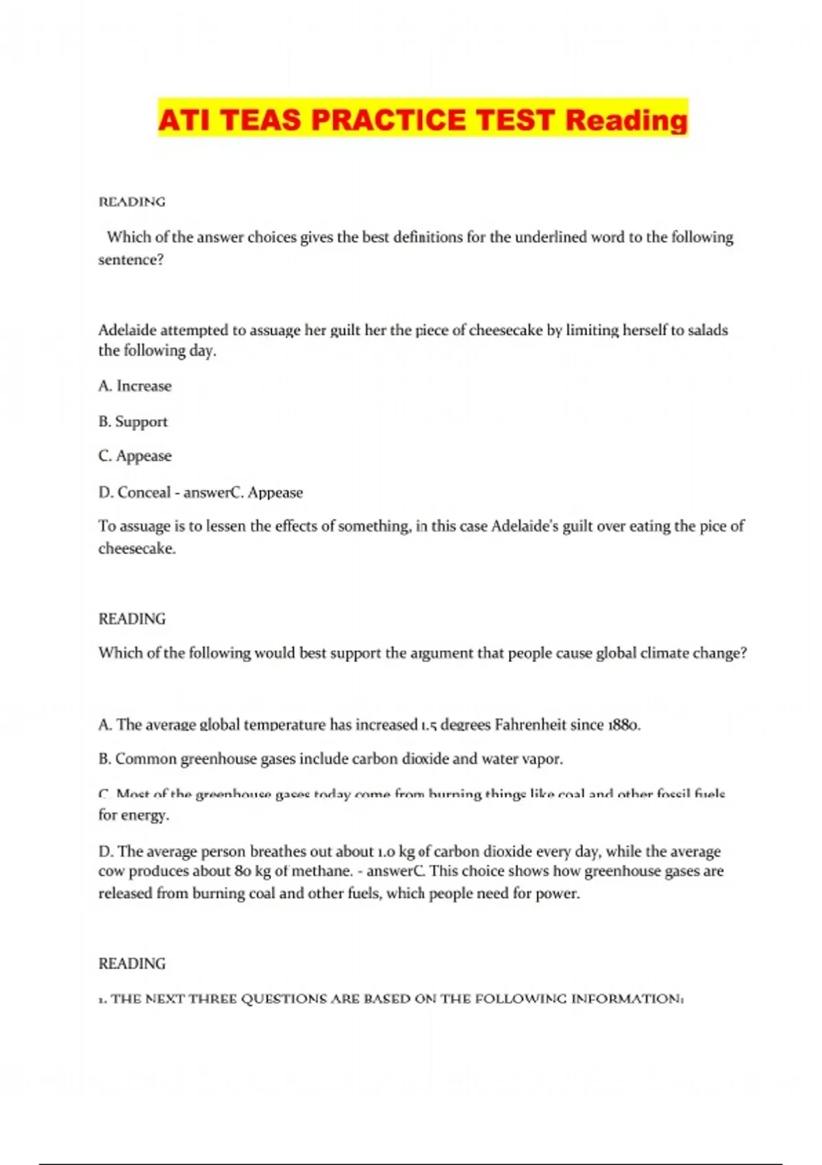 ATI TEAS PRACTICE TEST Reading - ATI TEAS 7 - Stuvia US