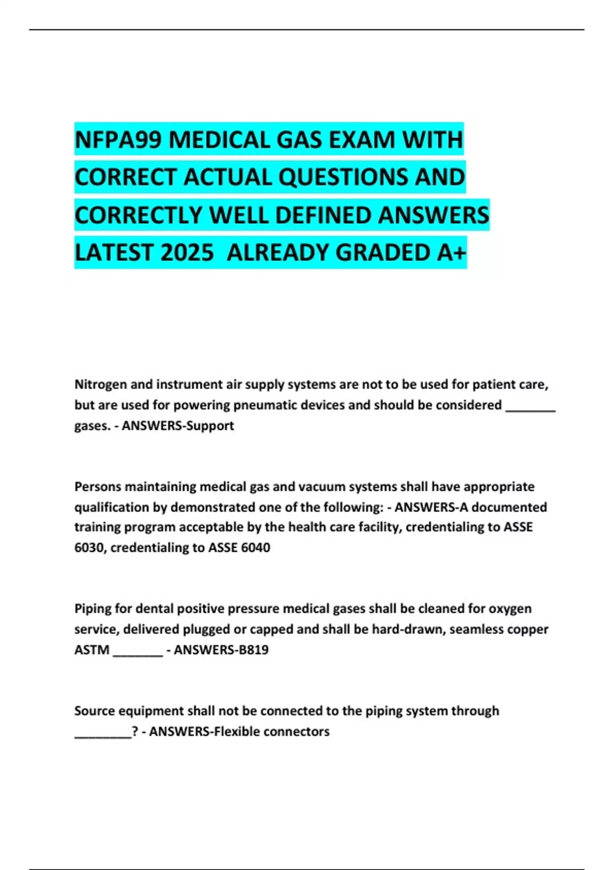 NFPA99 MEDICAL GAS EXAM WITH CORRECT ACTUAL QUESTIONS AND CORRECTLY ...