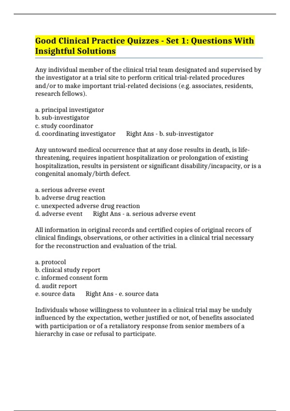 Good Clinical Practice Quizzes - Set 1: Questions With Insightful ...