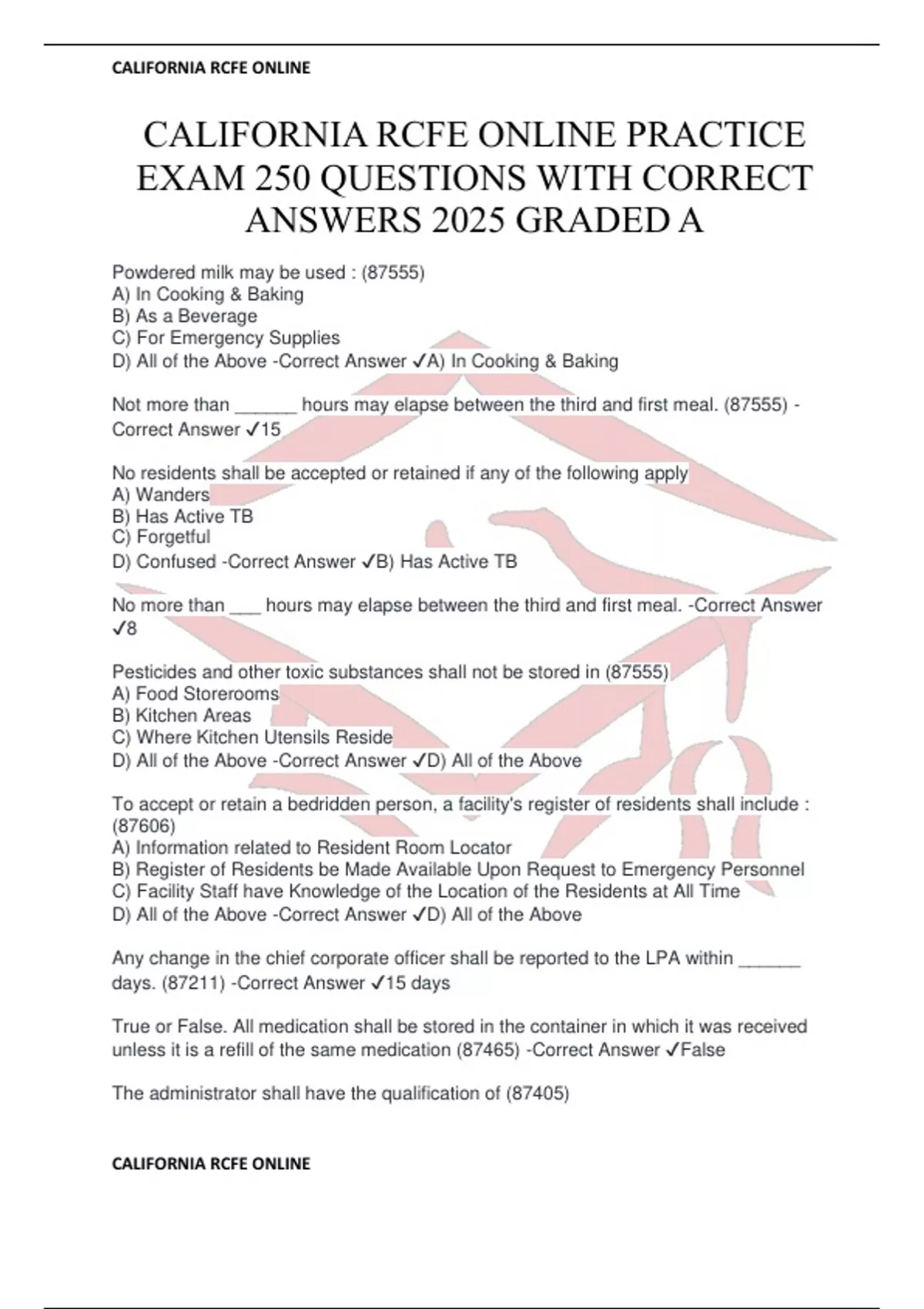 CALIFORNIA RCFE ONLINE PRACTICE EXAM 250 QUESTIONS WITH CORRECT ANSWERS ...