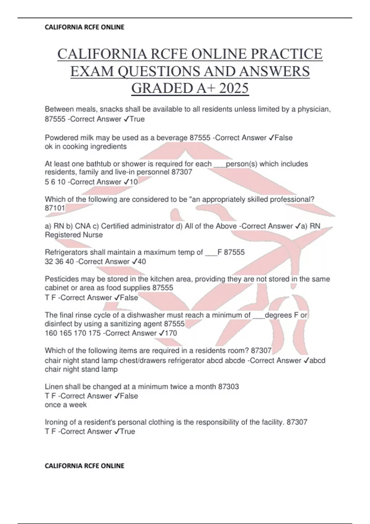 CALIFORNIA RCFE ONLINE PRACTICE EXAM QUESTIONS AND ANSWERS GRADED A+ ...