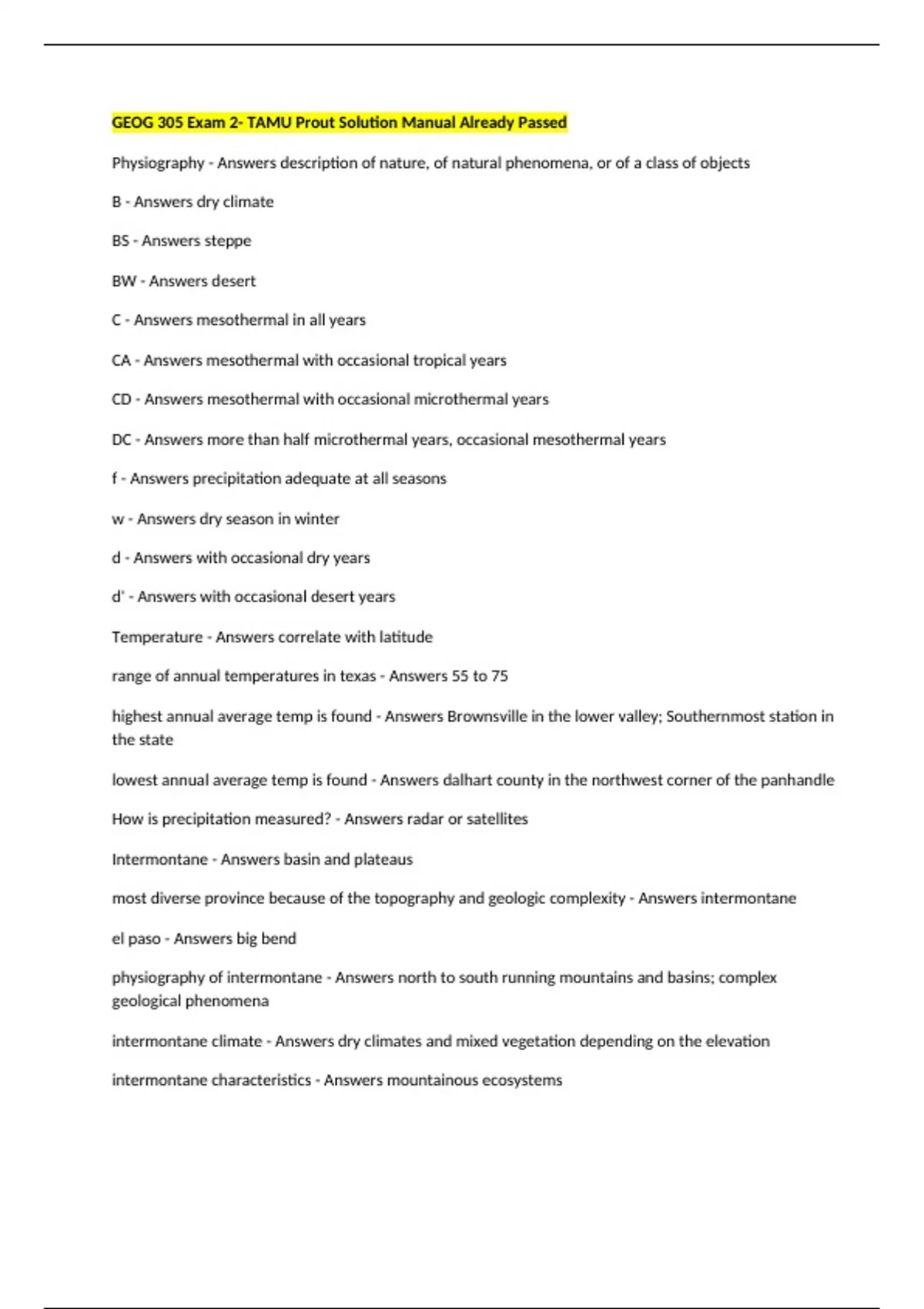 GEOG 305 Exam 2- TAMU Prout Solution Manual Already Passed - GEOG 305 ...