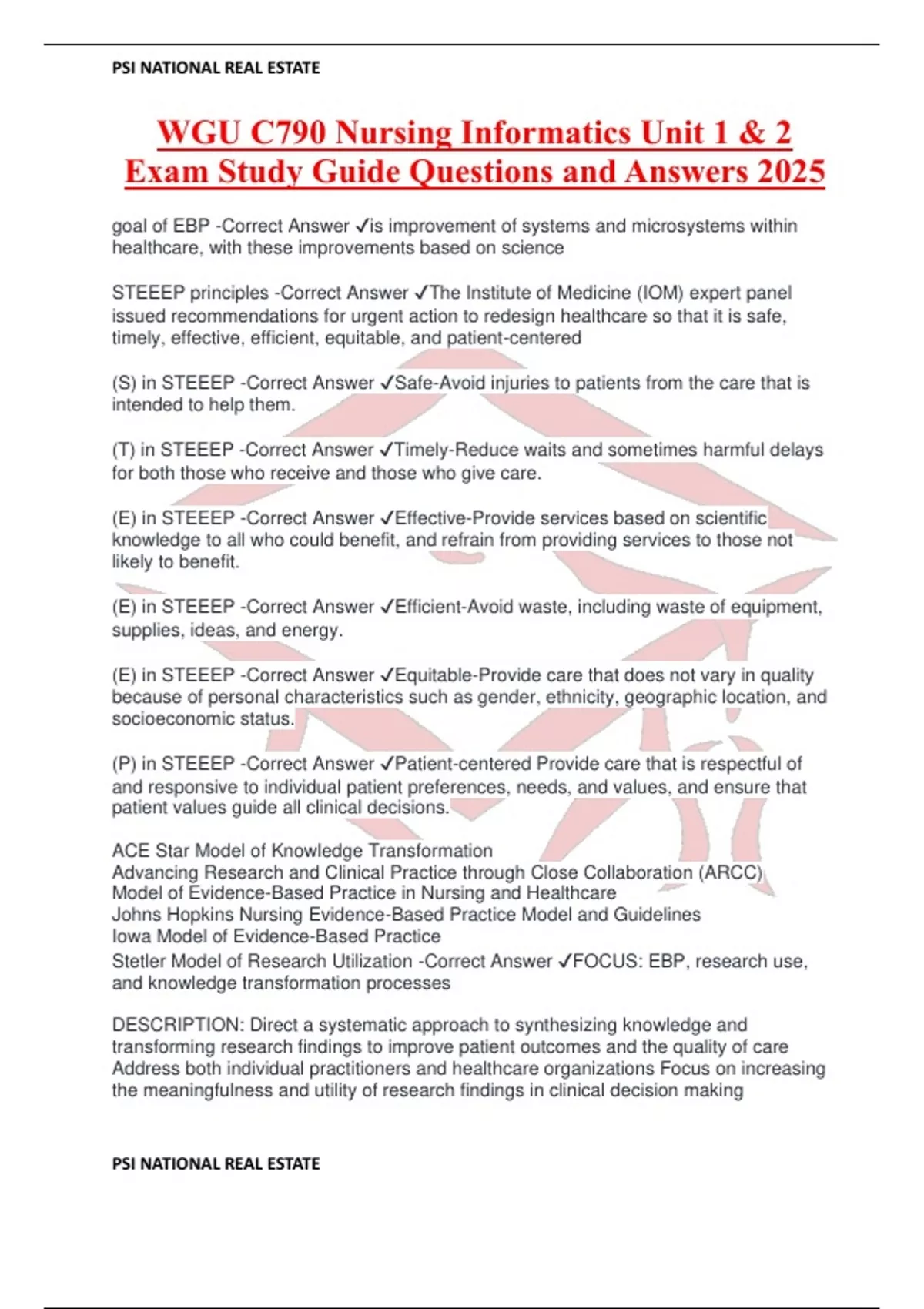 WGU C790 Nursing Informatics Unit 1 & 2 Exam Study Guide Questions and ...