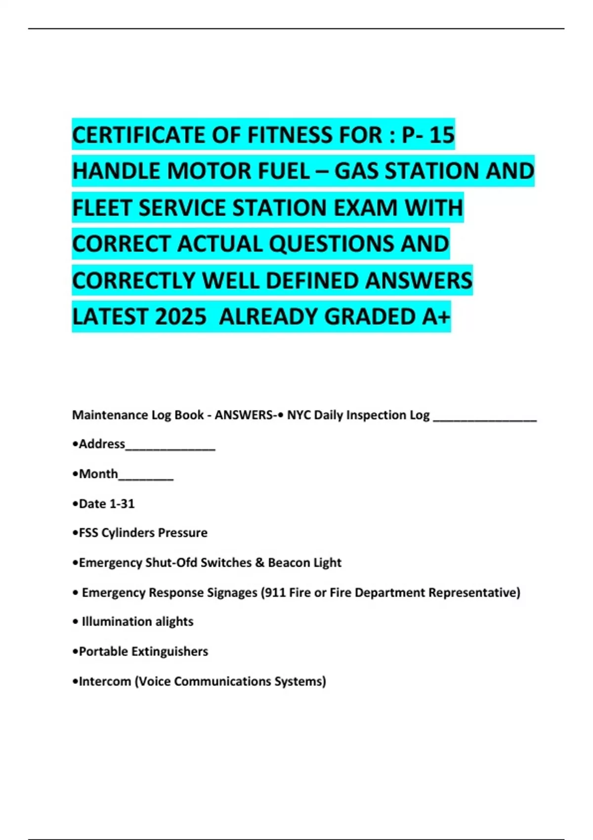 CERTIFICATE OF FITNESS FOR : P- 15 HANDLE MOTOR FUEL – GAS STATION AND ...