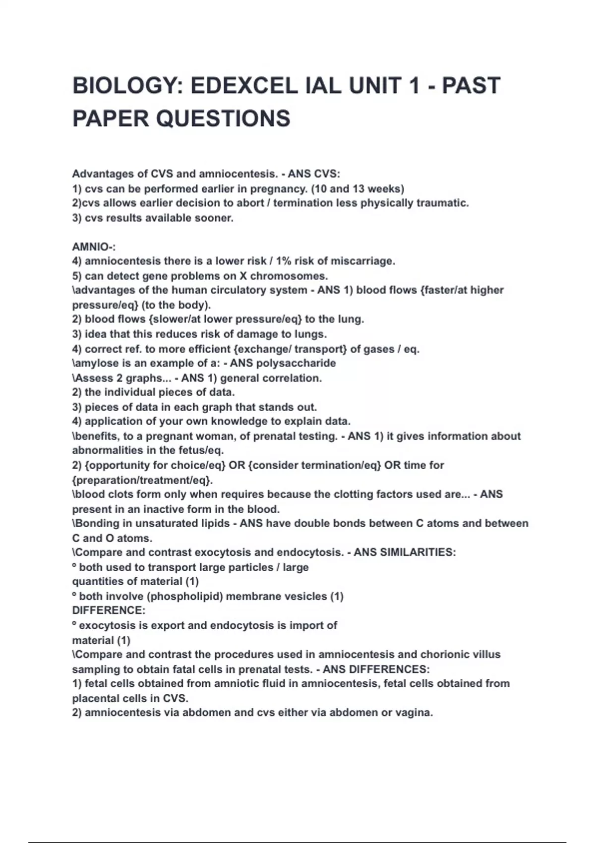 BIOLOGY: EDEXCEL IAL UNIT 1 - PAST PAPER EXAM 2025/2026 QUESTIONS WITH ...