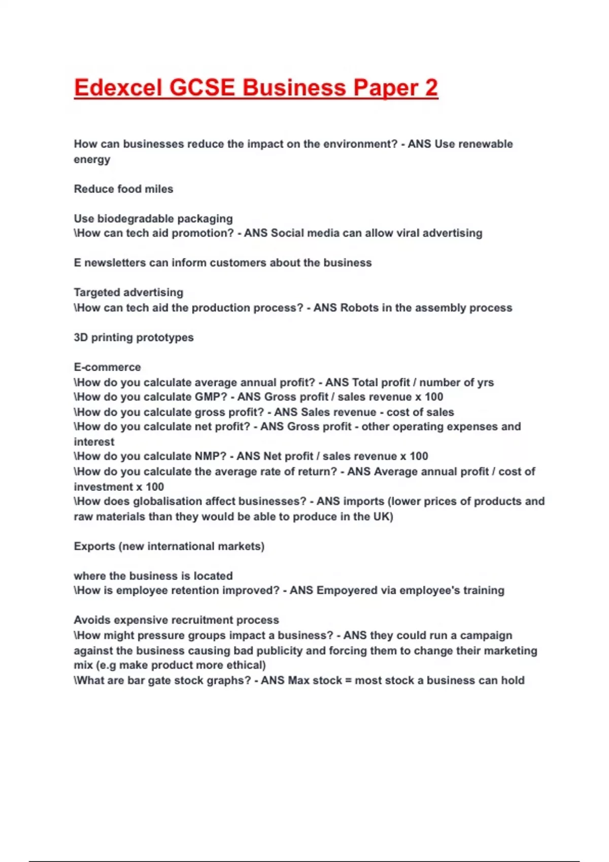 Edexcel GCSE Business Paper 2 Exam 2025/2026 Questions With Completed ...