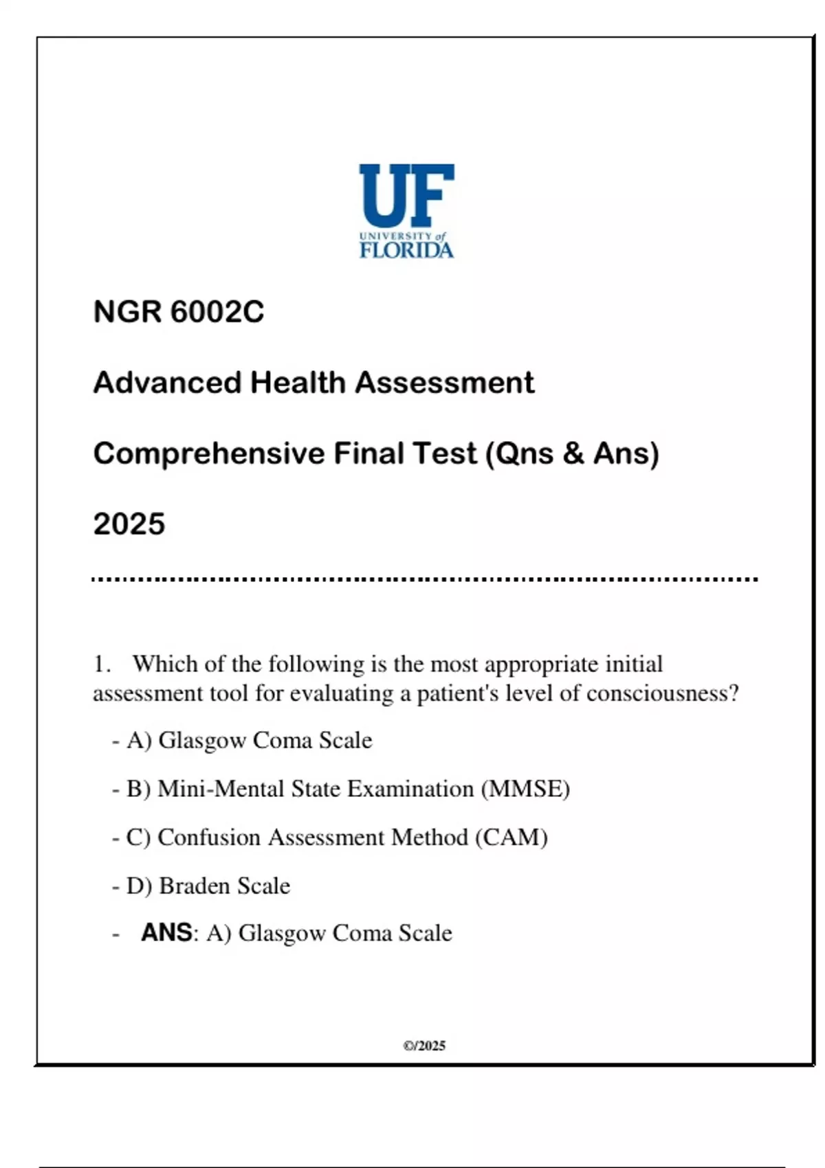 NGR 6002C (UF) Adv Health Assessment Final Test (Qns & Ans) 2025 ...