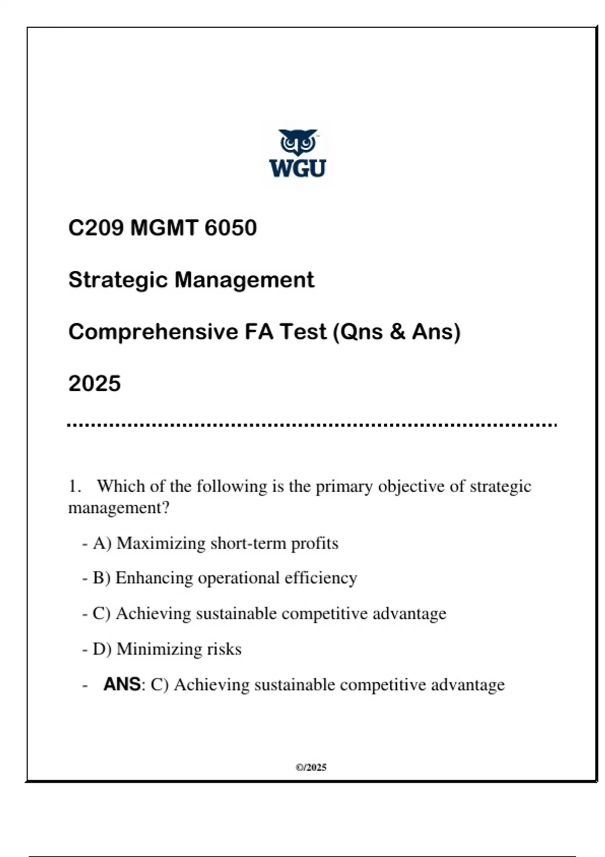 MGMT 6050 (WGU C209) Strategic Management FA Test (Qns & Ans) 2025 ...