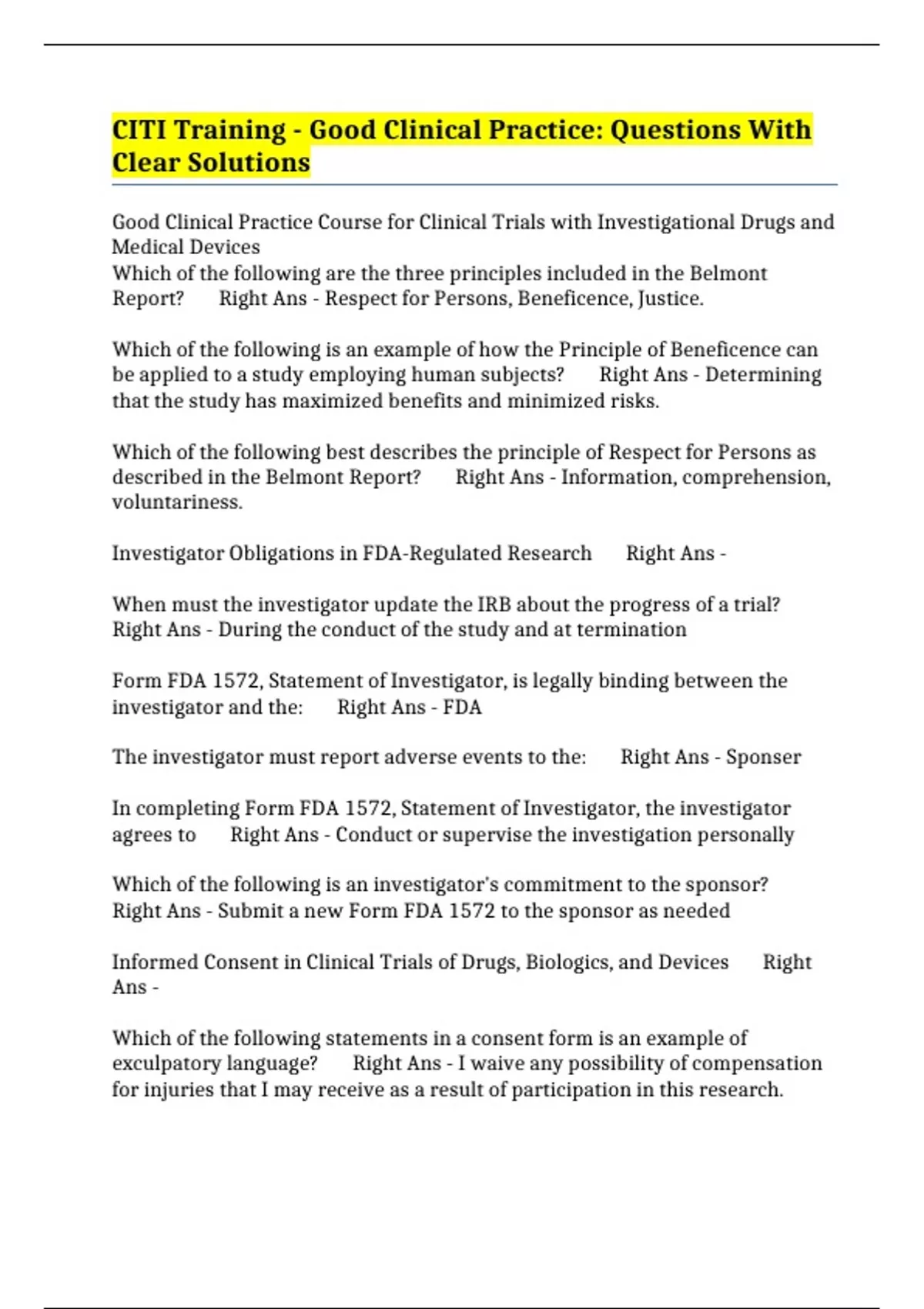 CITI Training - Good Clinical Practice: Questions With Clear Solutions ...