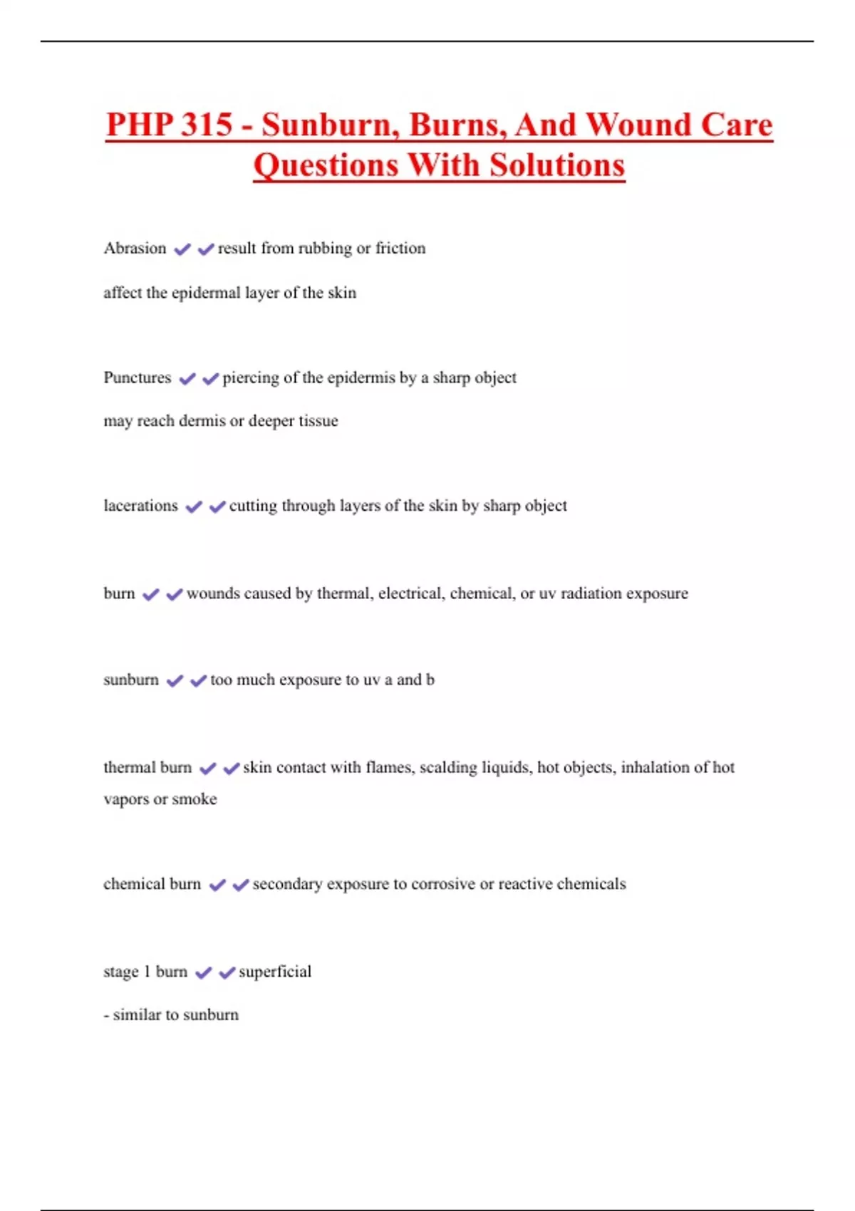 PHP 315 - Sunburn, Burns, And Wound Care Questions With Solutions - PHP 315 - Stuvia US