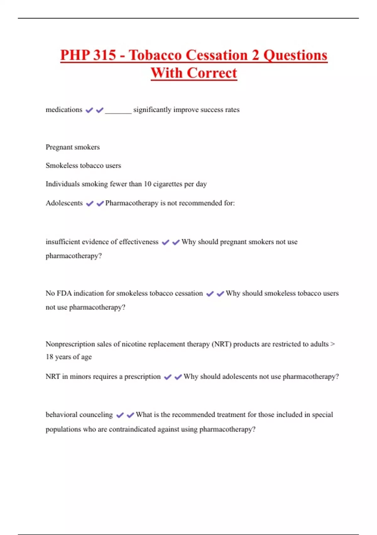 PHP 315 - Tobacco Cessation 2 Questions With Correct - PHP 315 - Stuvia US
