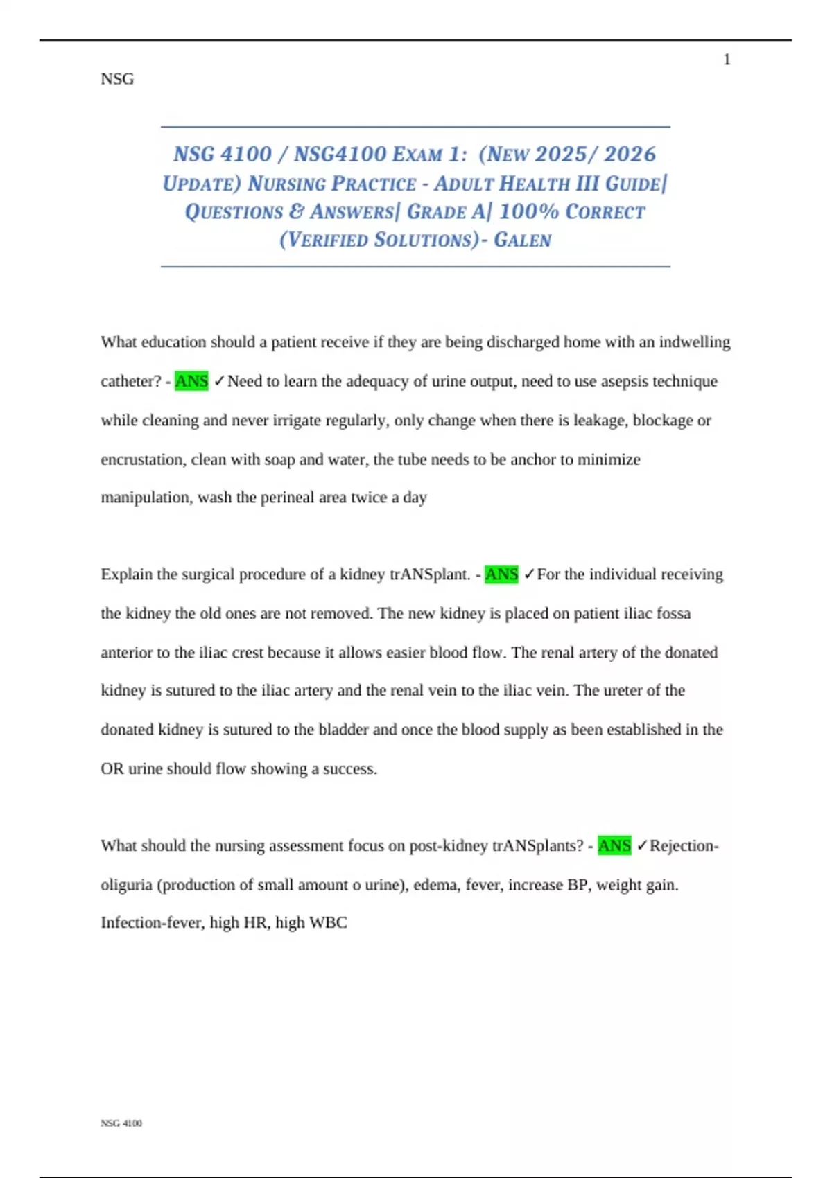 NSG 4100 / NSG4100 EXAM 1: (NEW 2025/ 2026 UPDATE) NURSING PRACTICE - ADULT HEALTH III GUIDE ...