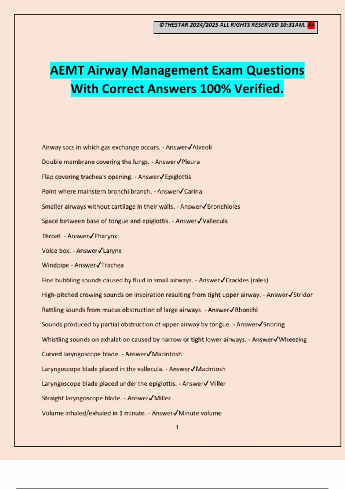 AEMT Airway Management Exam Questions With Correct Answers 100% ...