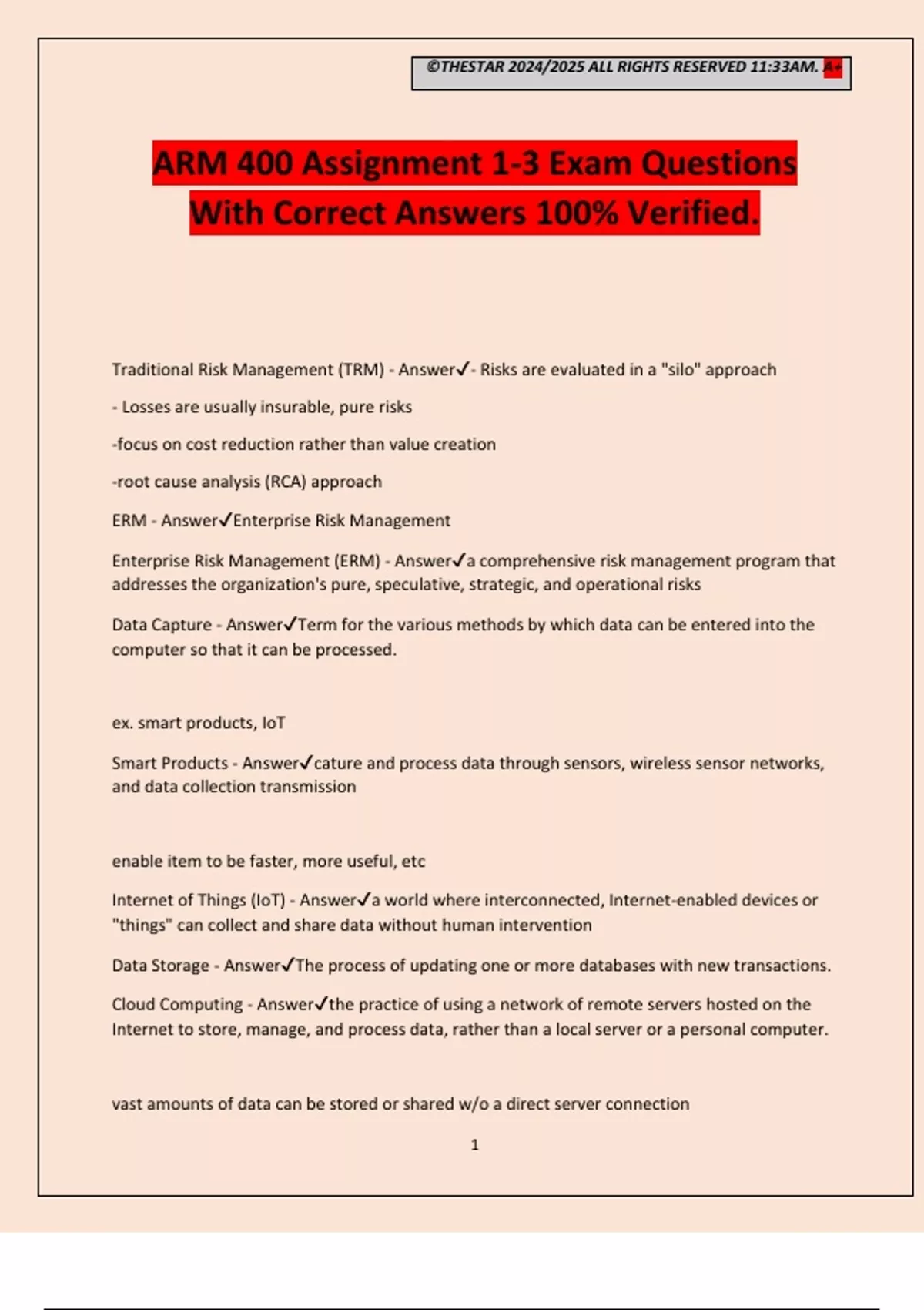 ARM 400 Assignment 1-3 Exam Questions With Correct Answers 100% ...