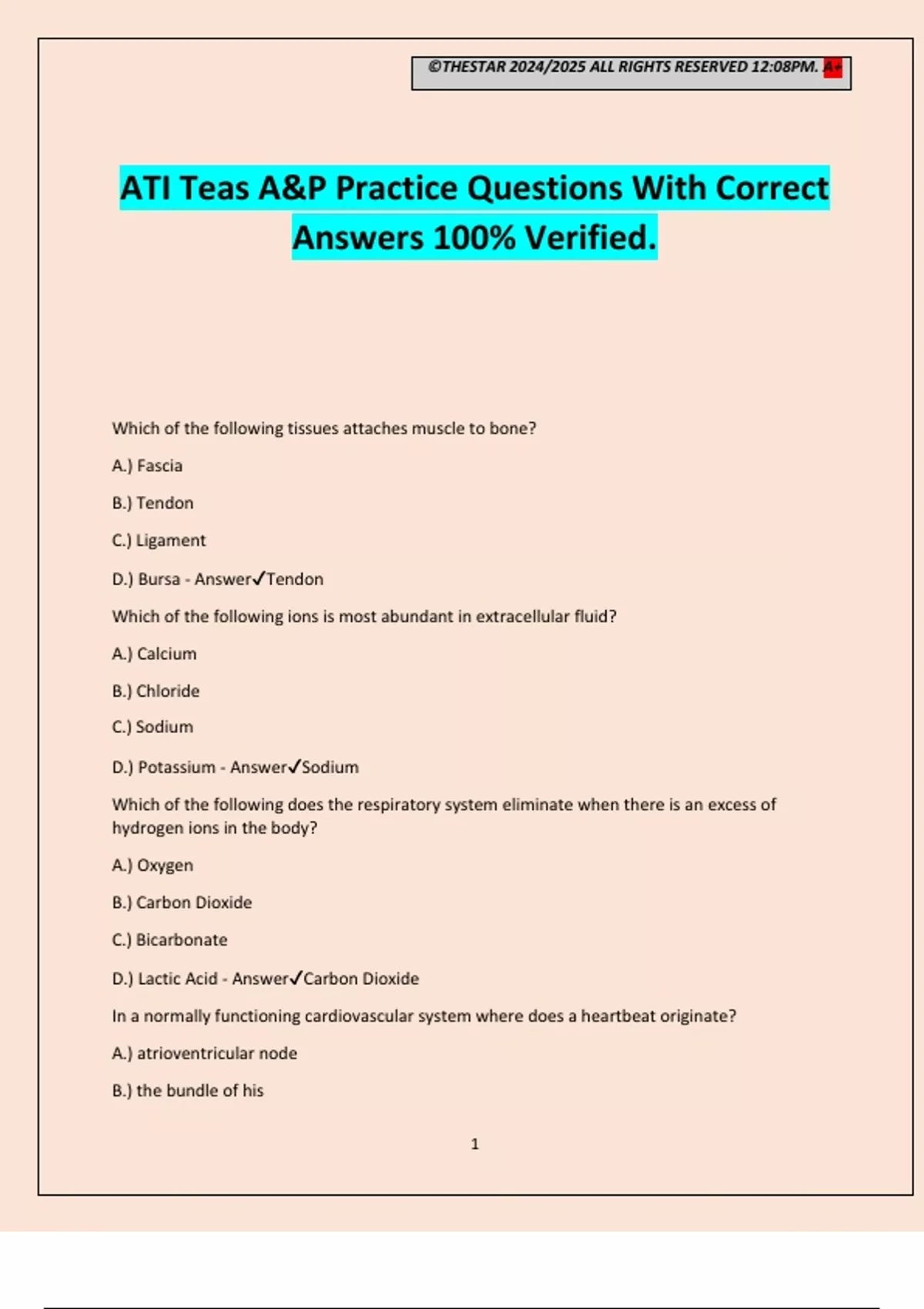 ATI Teas A&P Practice Questions With Correct Answers 100% Verified ...