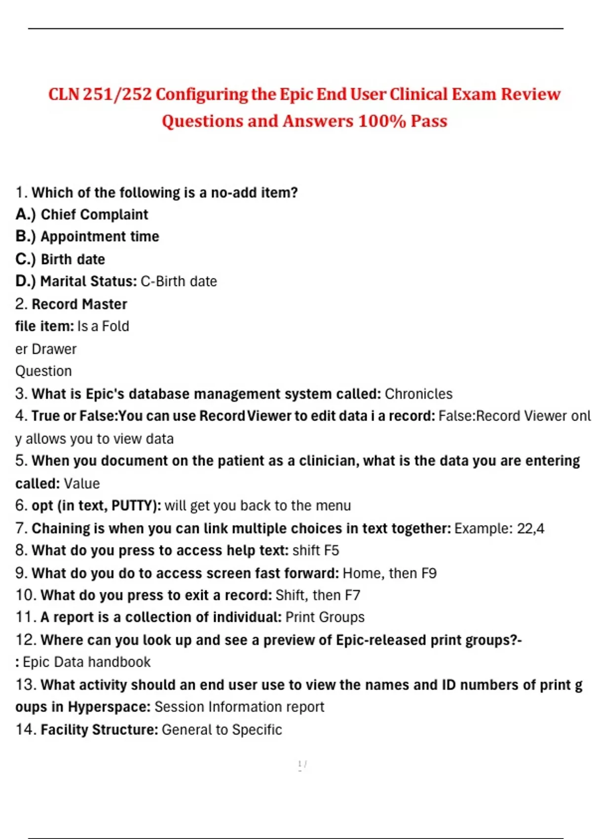 CLN251/252 Configuring the Epic End User Clinical Exam Review Questions ...