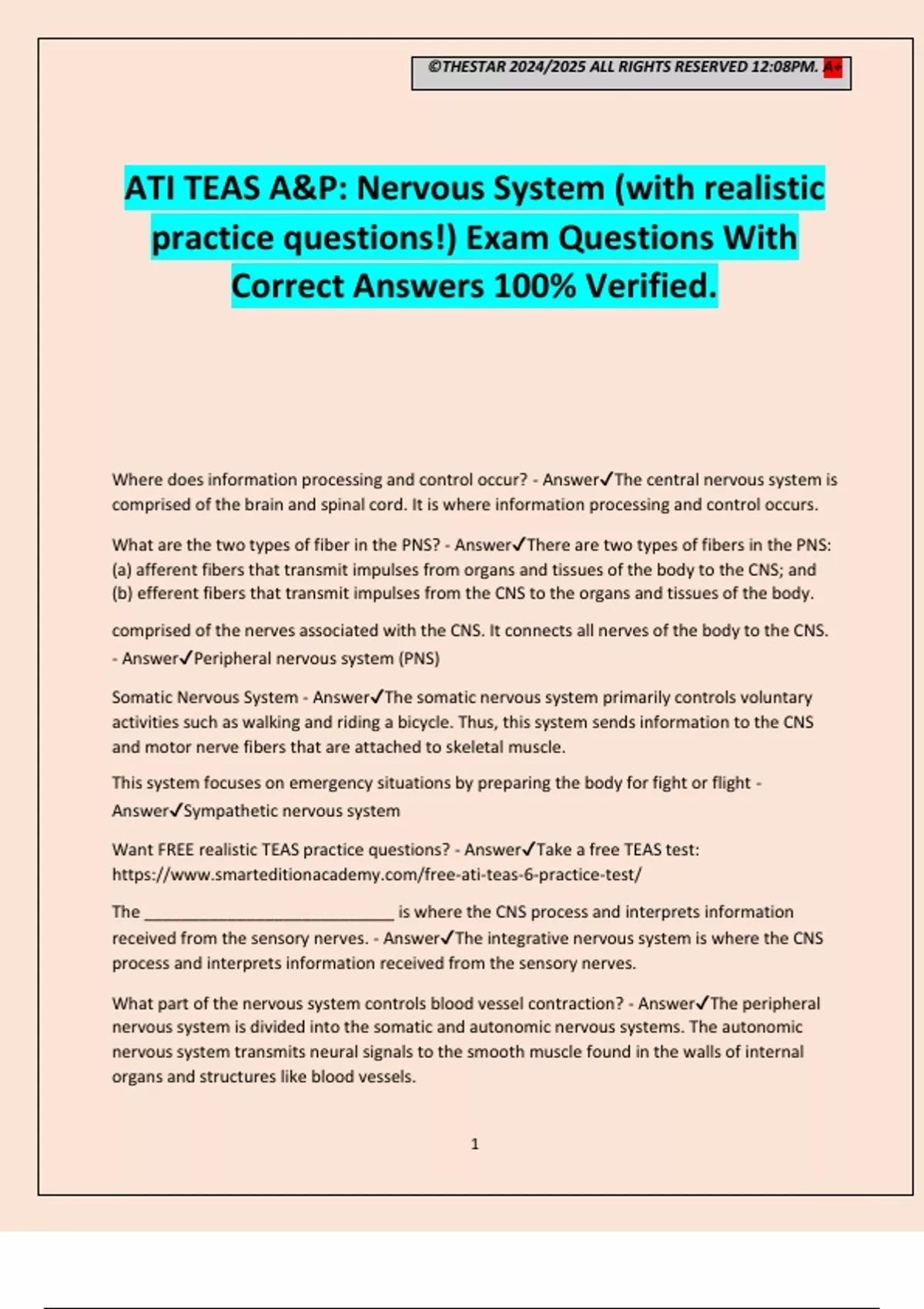 ATI TEAS A&P: Nervous System (with realistic practice questions!) Exam ...