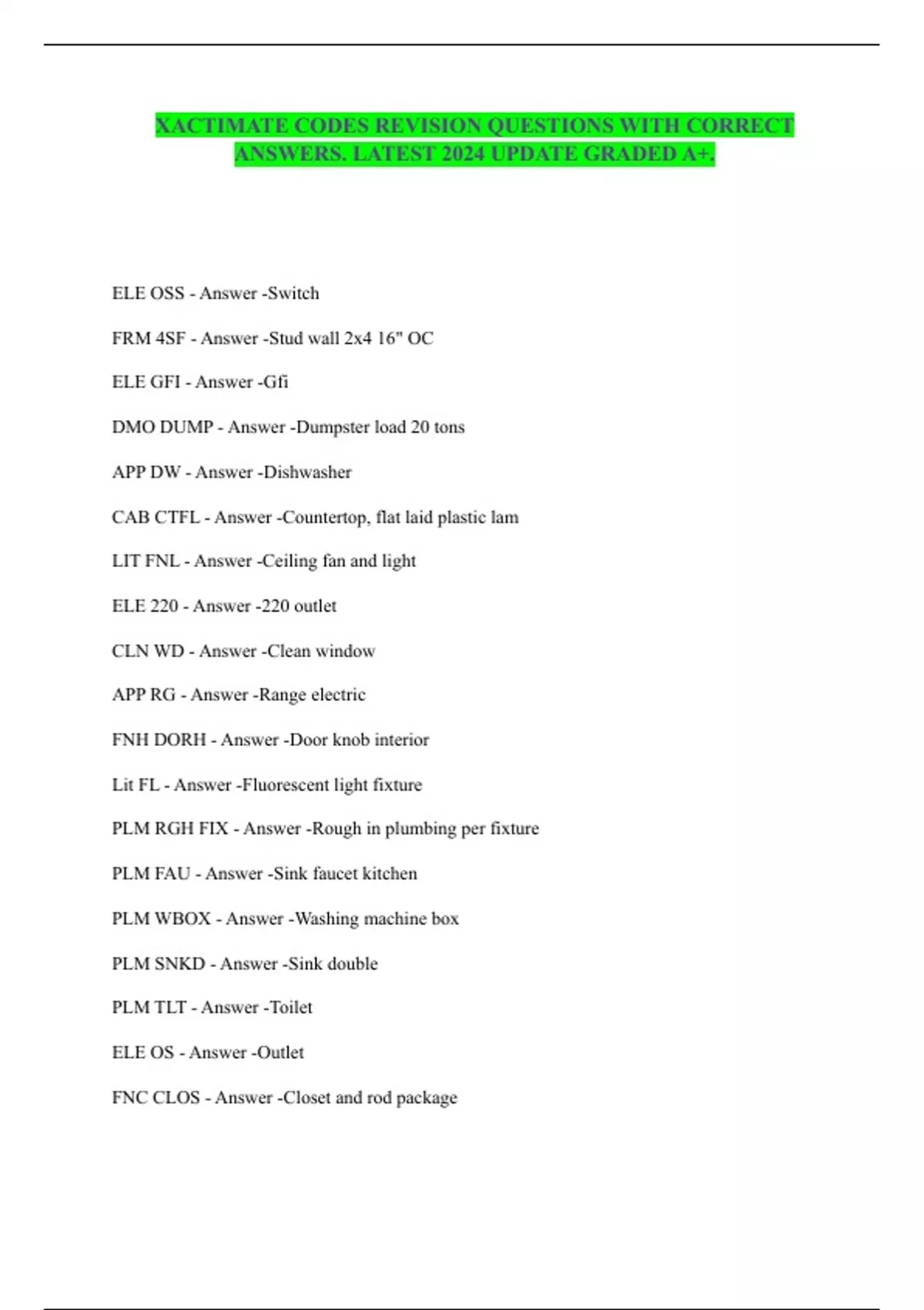 XACTIMATE CODES REVISION QUESTIONS WITH CORRECT ANSWERS. LATEST 2024 ...