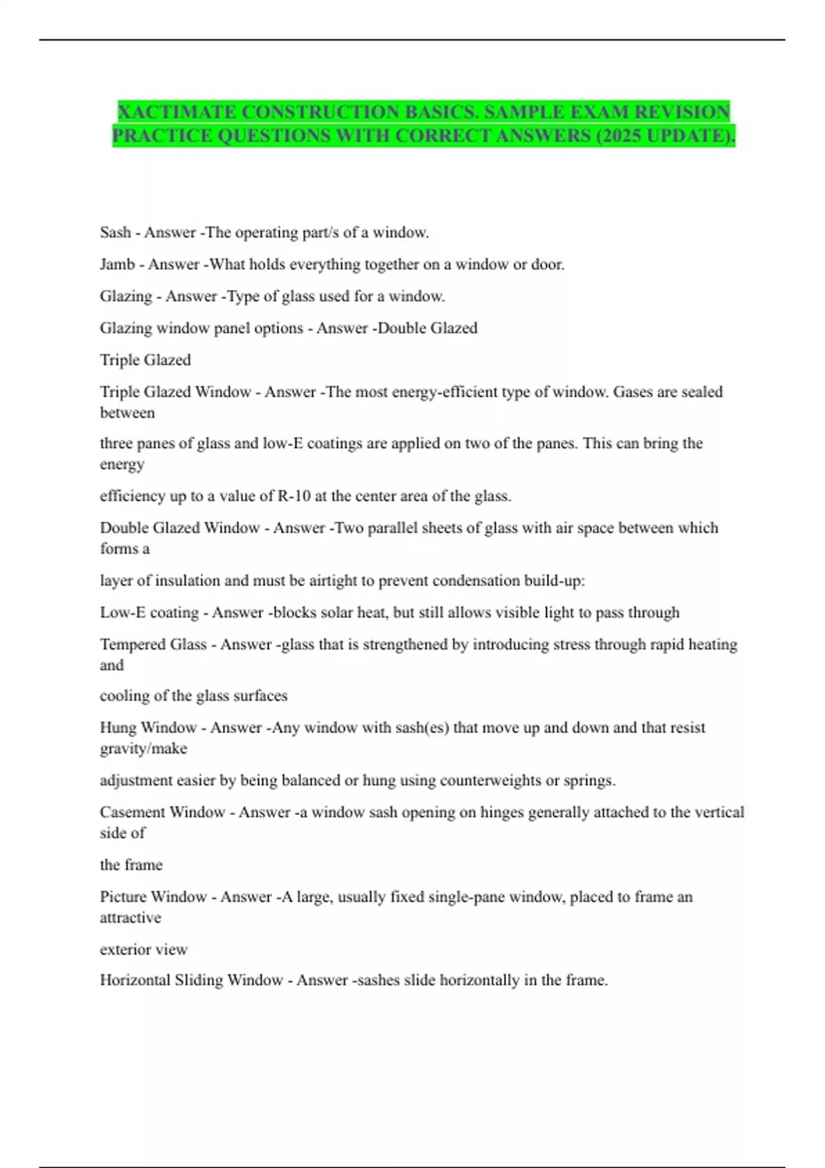 XACTIMATE CONSTRUCTION BASICS. SAMPLE EXAM REVISION PRACTICE QUESTIONS ...