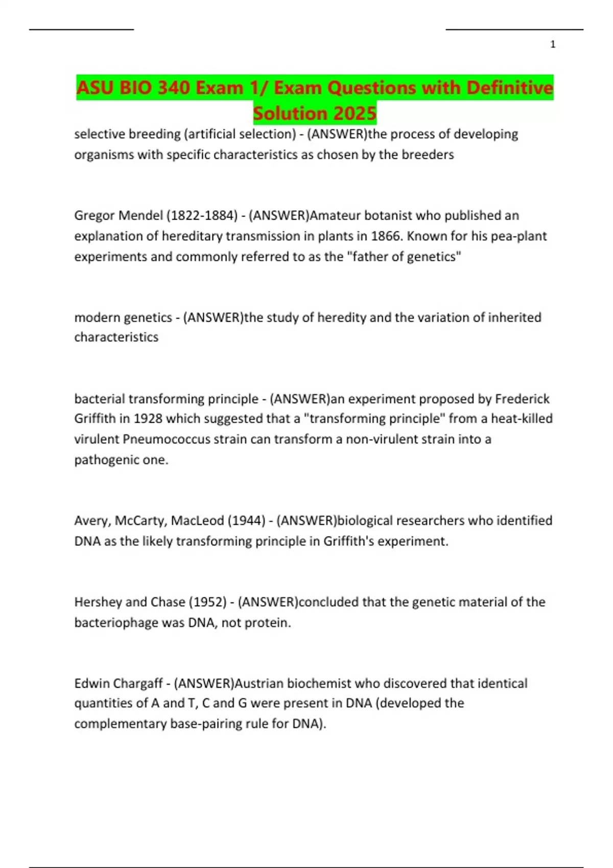 ASU BIO 340 Exam 1/ Exam Questions with Definitive Solution 2025 - ASU BIO 340 - Stuvia US