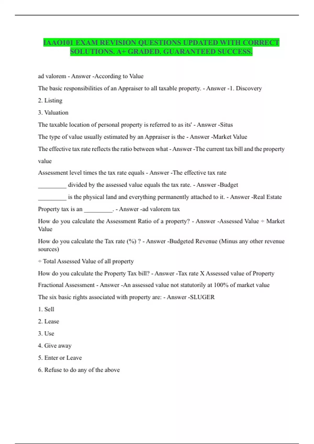 IAAO EXAM REVISION QUESTIONS WITH CORRECT SOLUTIONS 2025 UPDATE - Stuvia US