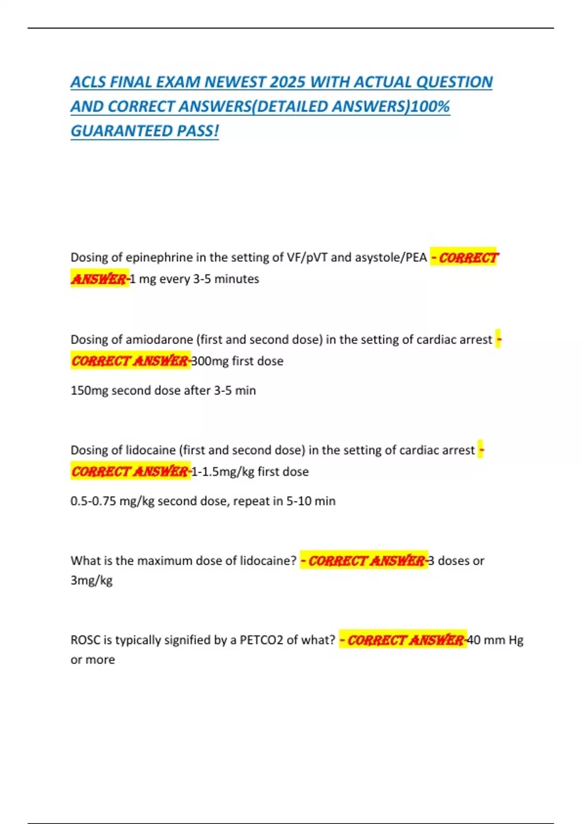 ACLS FINAL EXAM NEWEST 2025 WITH ACTUAL QUESTION AND CORRECT ANSWERS ...