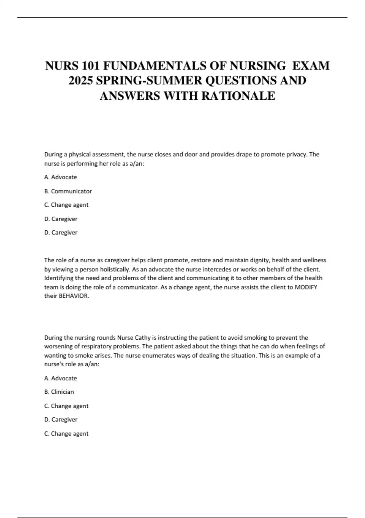 NURS 101 FUNDAMENTALS OF NURSING EXAM 2025 SPRING-SUMMER QUESTIONS AND ANSWERS WITH RATIONALE ...